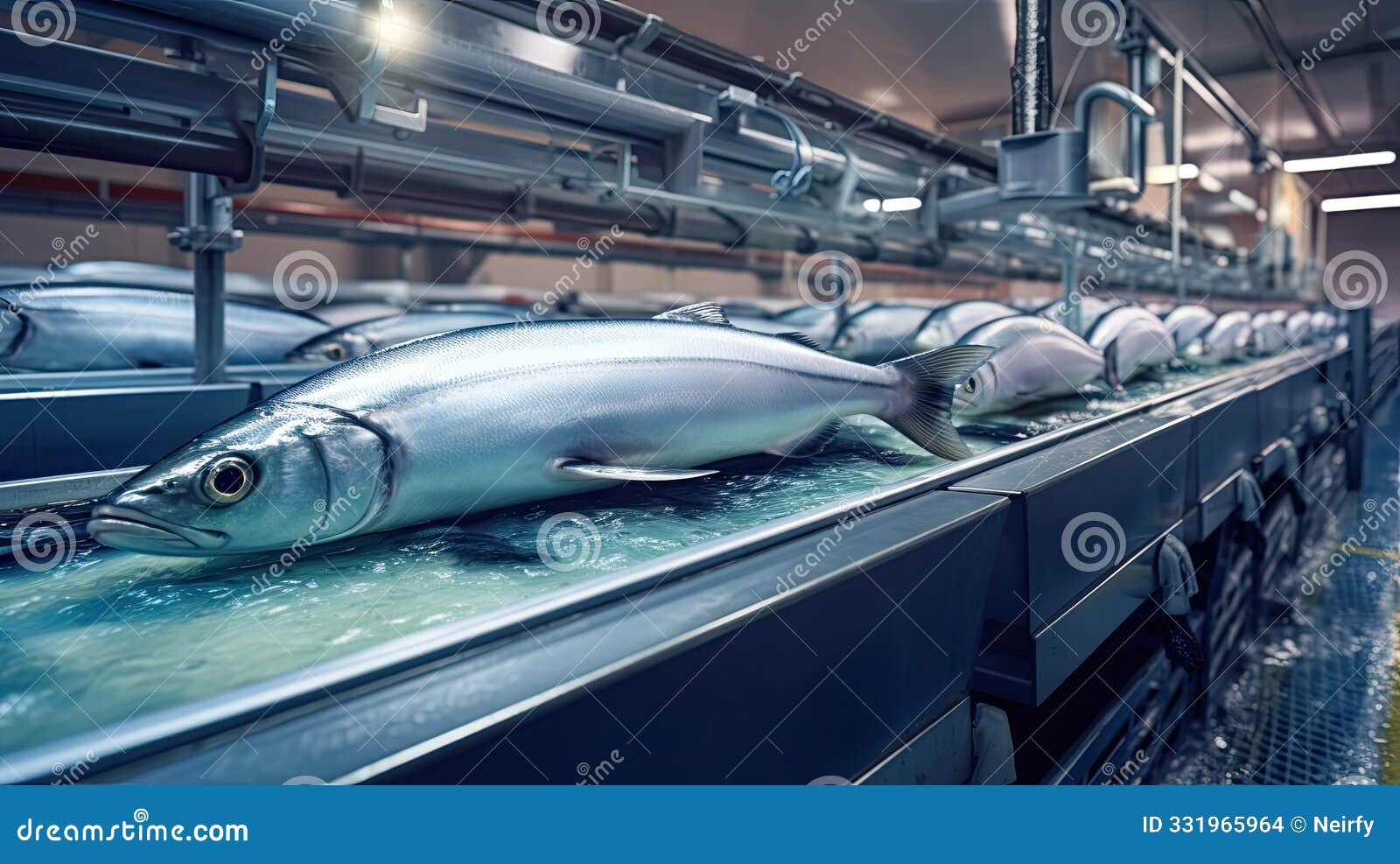 Conveyor Belt in a Fish Processing Factory with a Line of Fresh Salmon ...