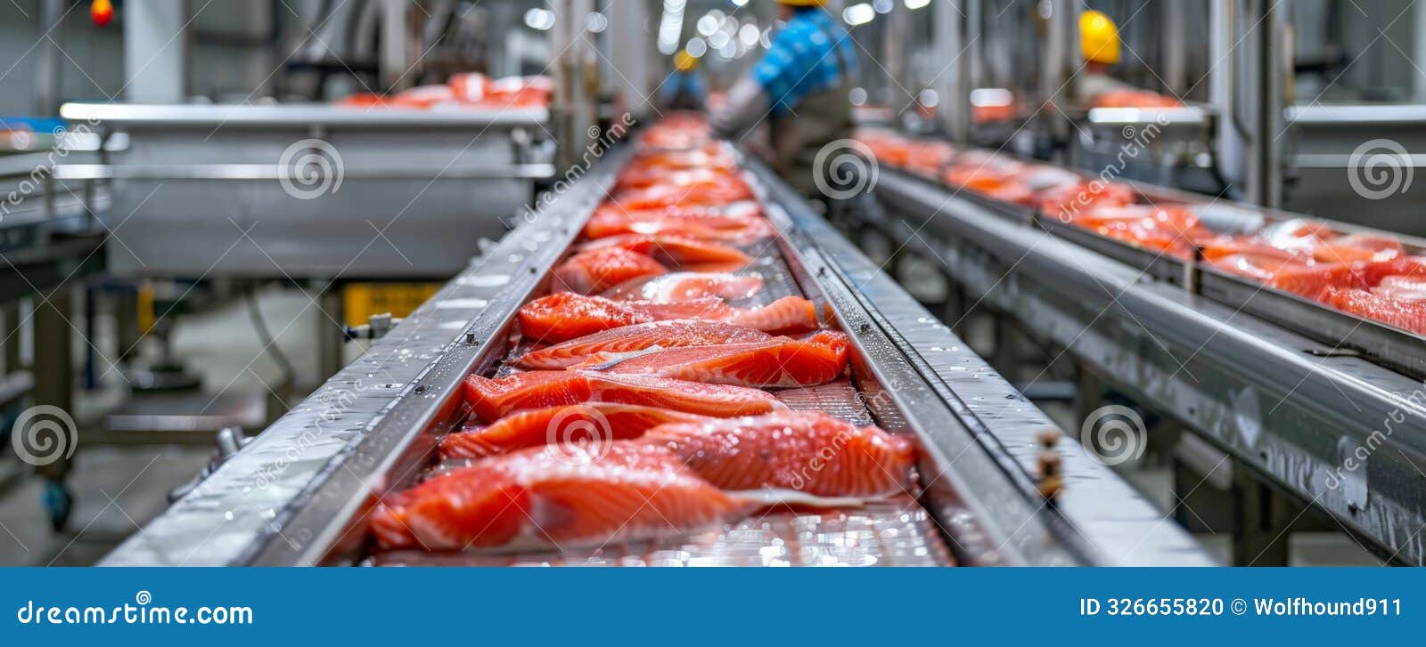 A Conveyor Belt in a Fish Processing Plant, with Fillets Being Cleaned ...