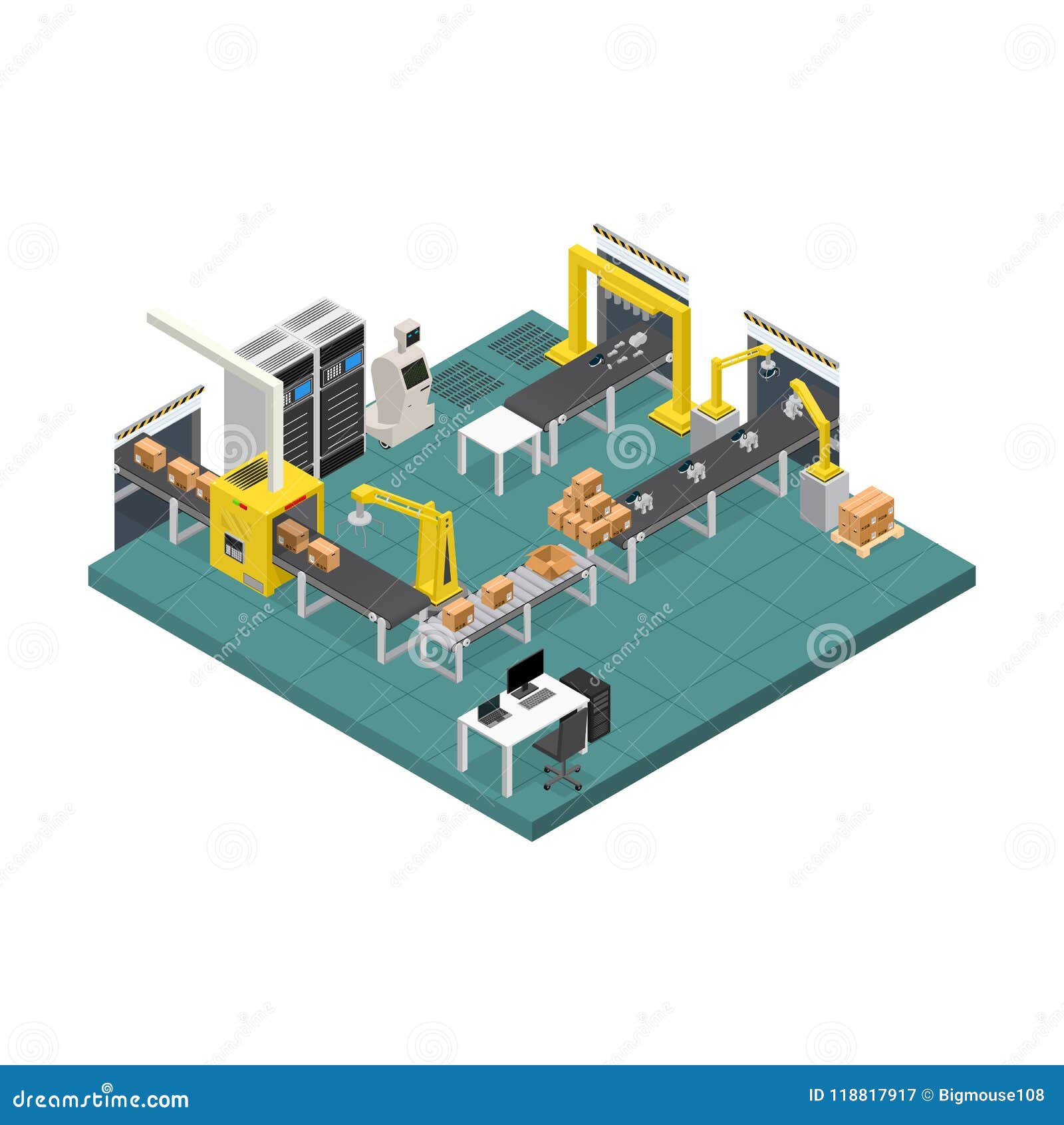 Conveyor Line Factory Interior with Isometric View. Vector Stock Vector ...