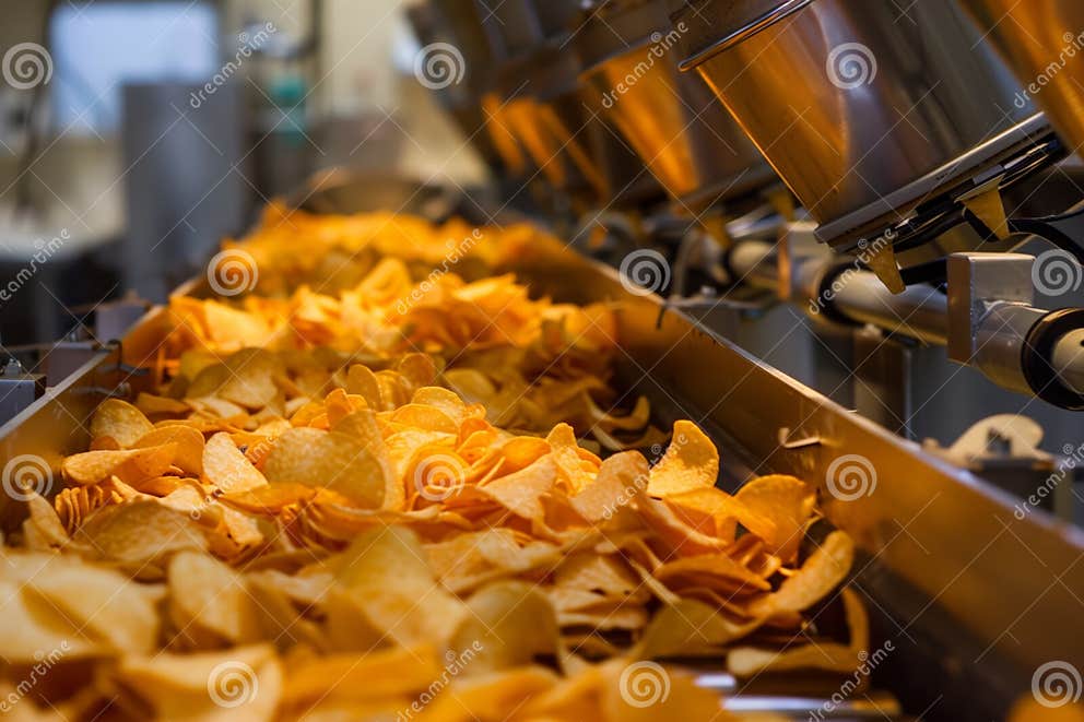 Conveyor Belt Moving Chips into a Flavoring Drum Stock Photo - Image of ...