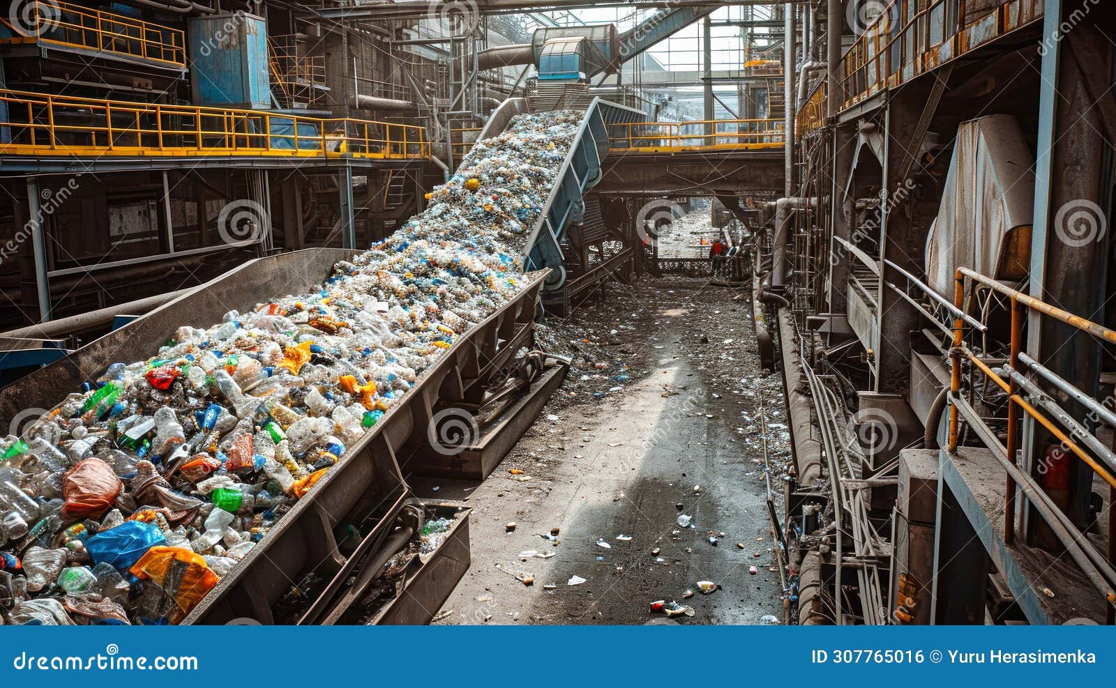Conveyor Belt Overflowing with Garbage at a Waste Processing Plant ...