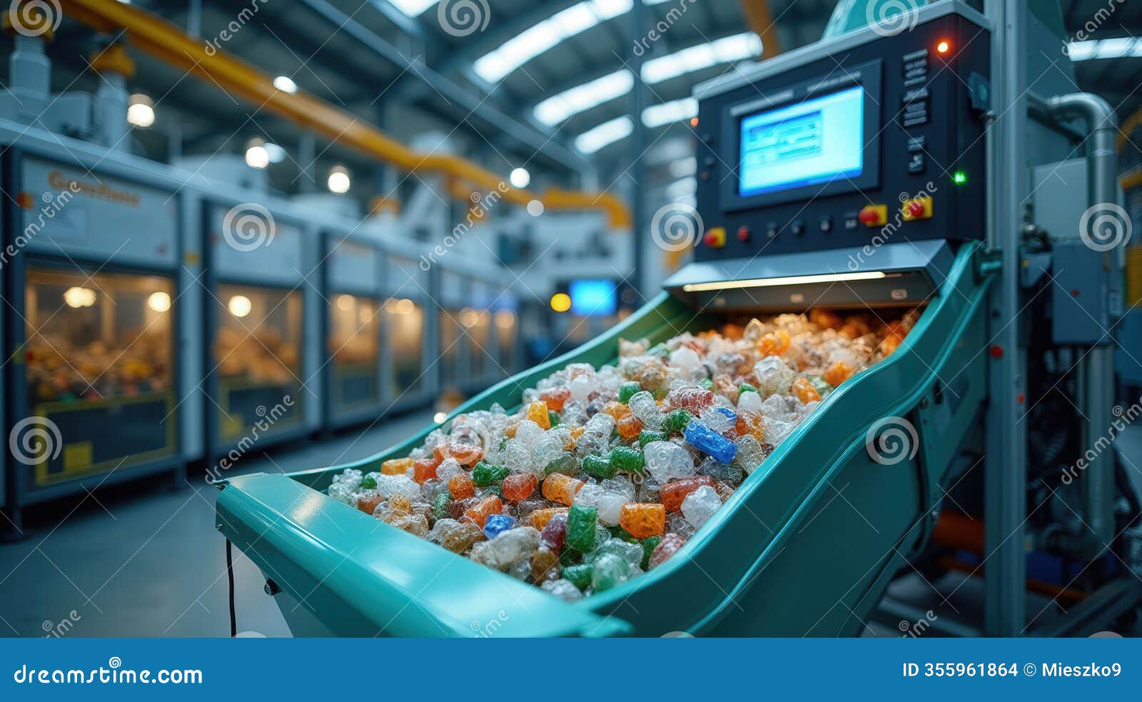 Conveyor System Transporting Colorful Recycled Plastic Materials in a ...