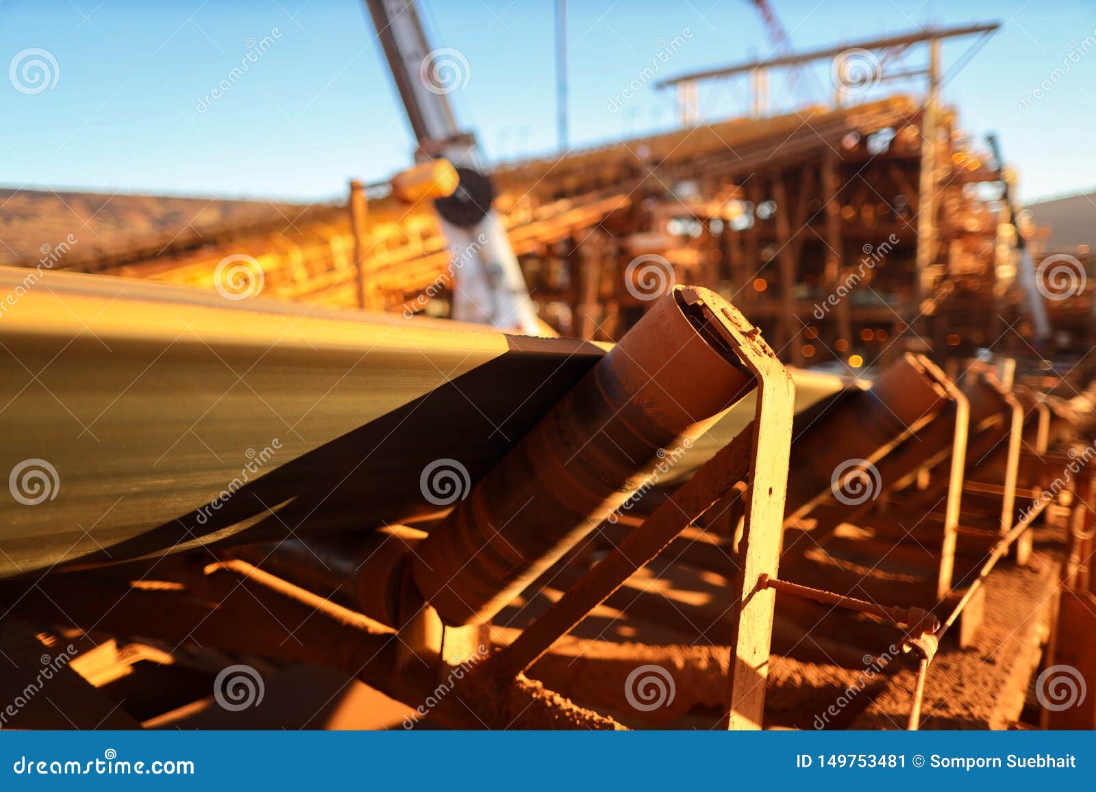 Conveyor Belt And Rollers Structures Line Its Transfer Iron Ore Into Material Screen House