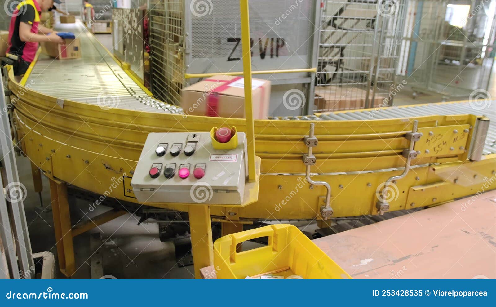 Conveyor Belt with Rows of Cardboard Boxes. Machine with Start and Stop ...