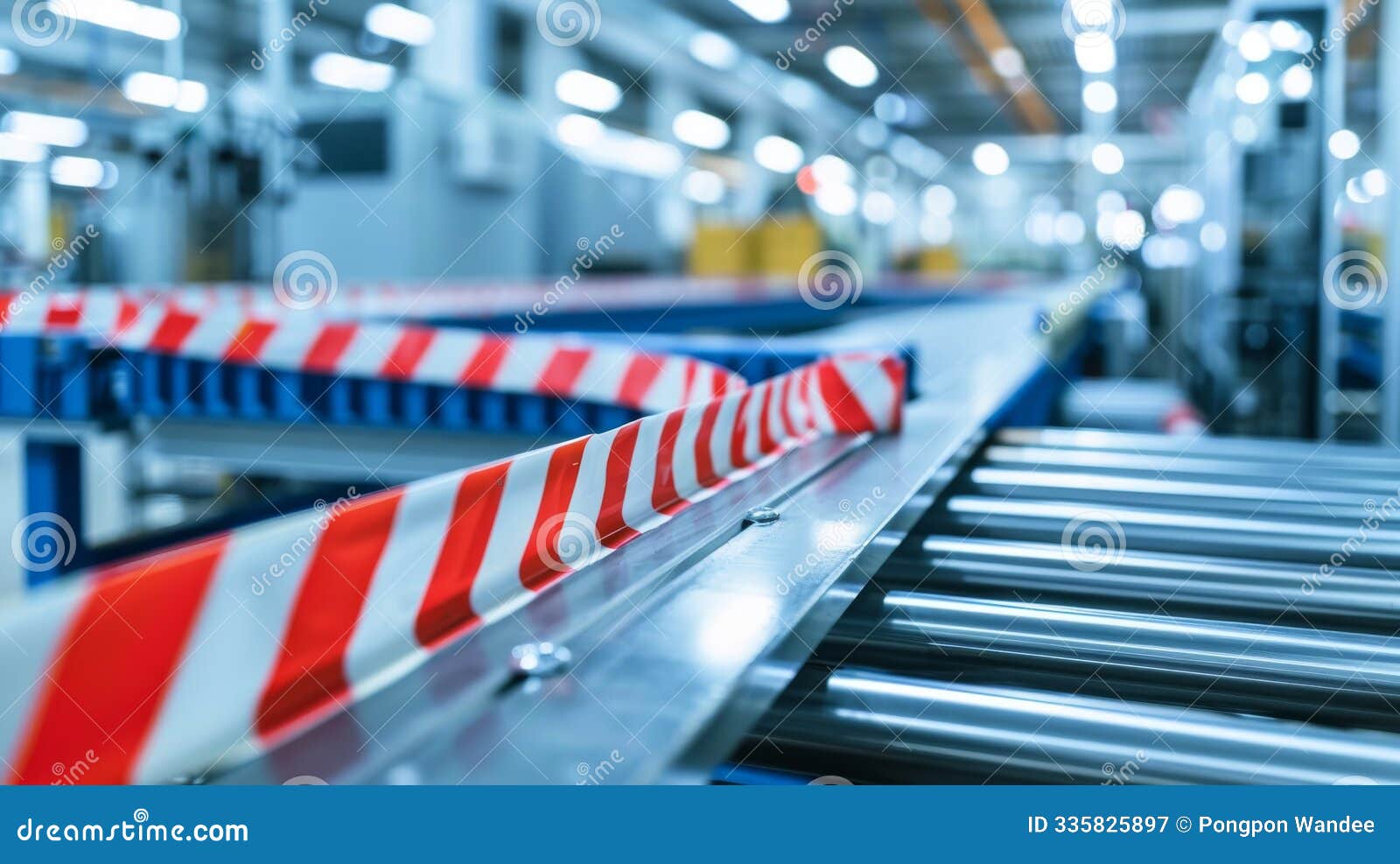 Conveyor Belt System with Red and White Safety Barriers Stock ...