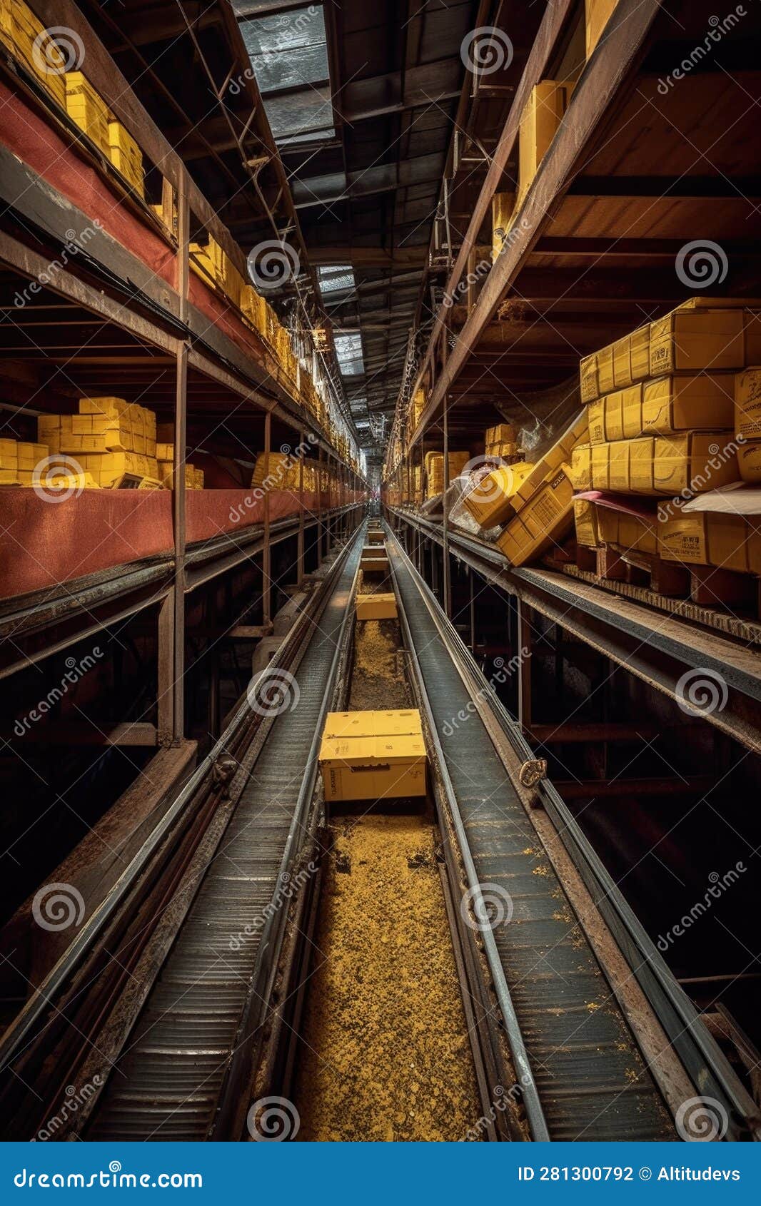Conveyor Belt Transporting Finished Goods in Warehouse Stock ...
