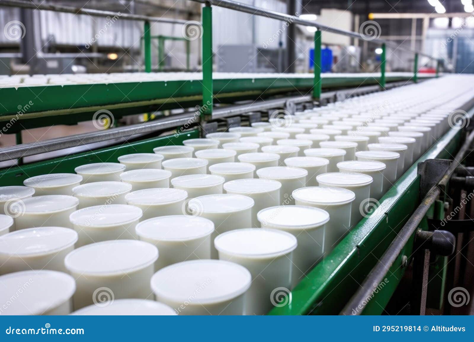 Conveyor Belt Transporting Sealed Yogurt Cups Stock Photo - Image of ...