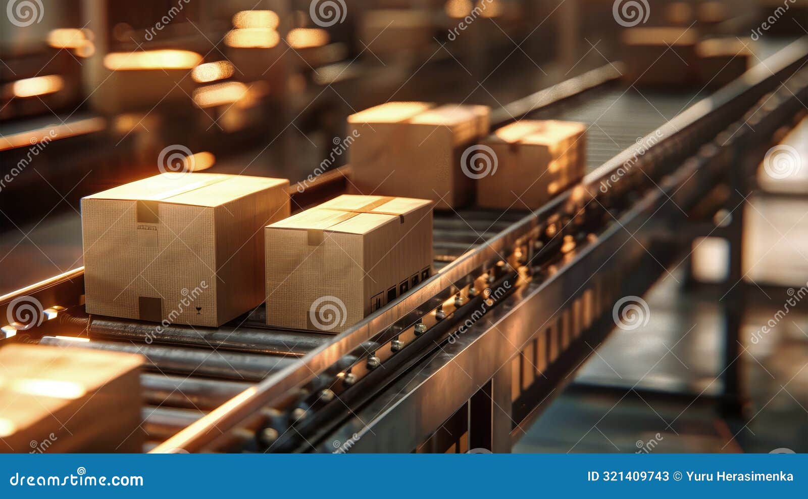 A Conveyor Belt Transporting Various Boxes in a Warehouse or Factory ...