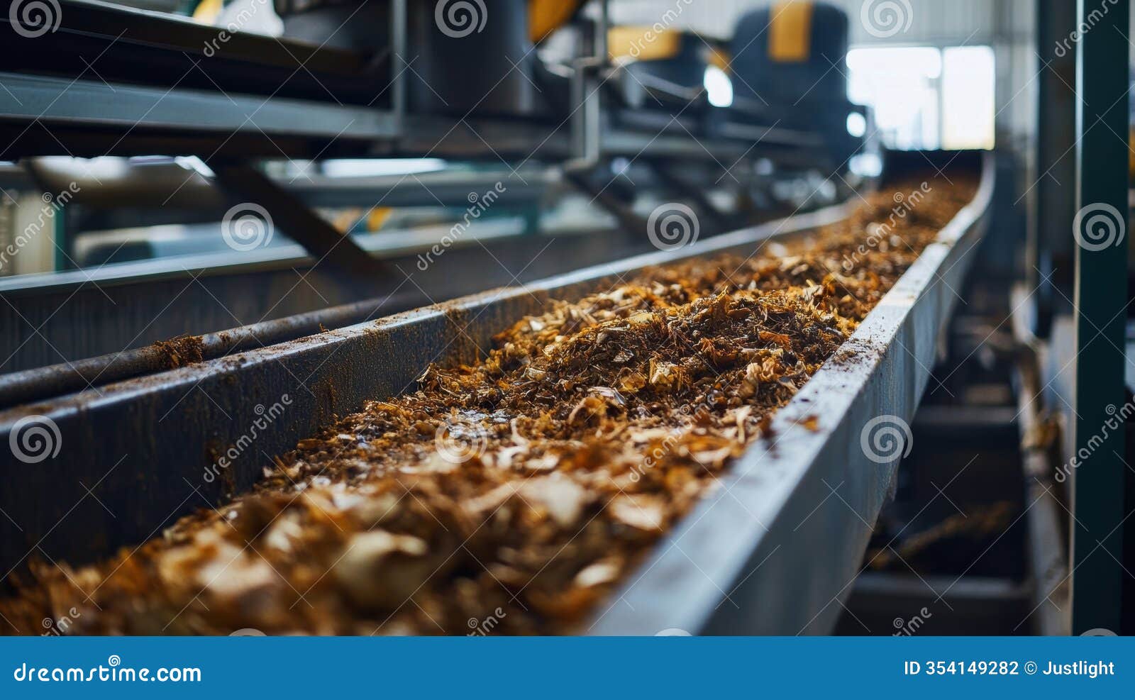 Conveyor Belt Transporting Wood Chips in Manufacturing Plant Stock ...