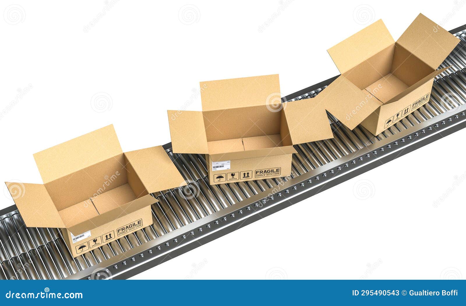 Conveyor Belts In A Factory With Boxes Displaying Holographic Barcodes ...