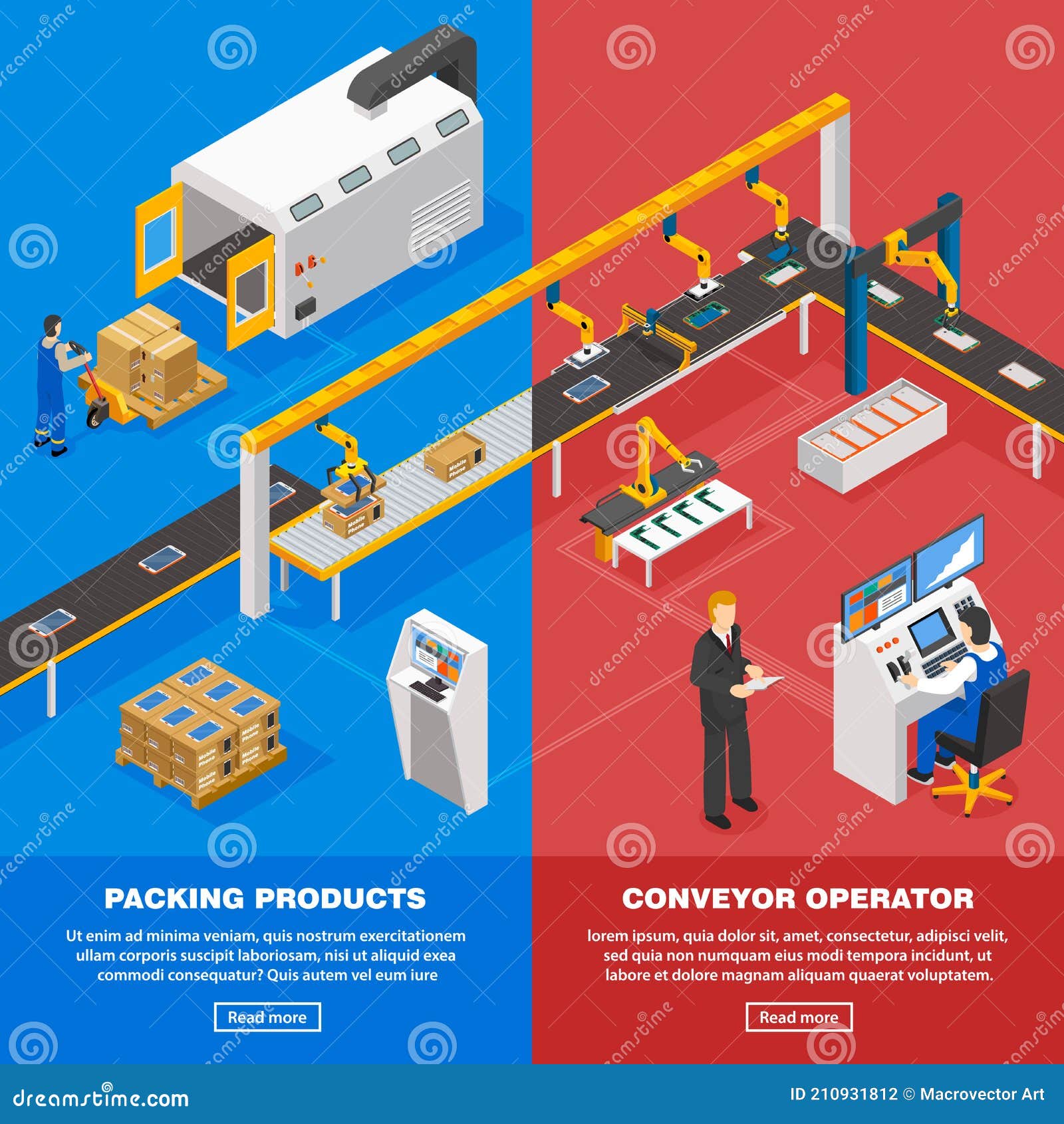 Conveyor Line Banners Set stock vector. Illustration of mechanic ...