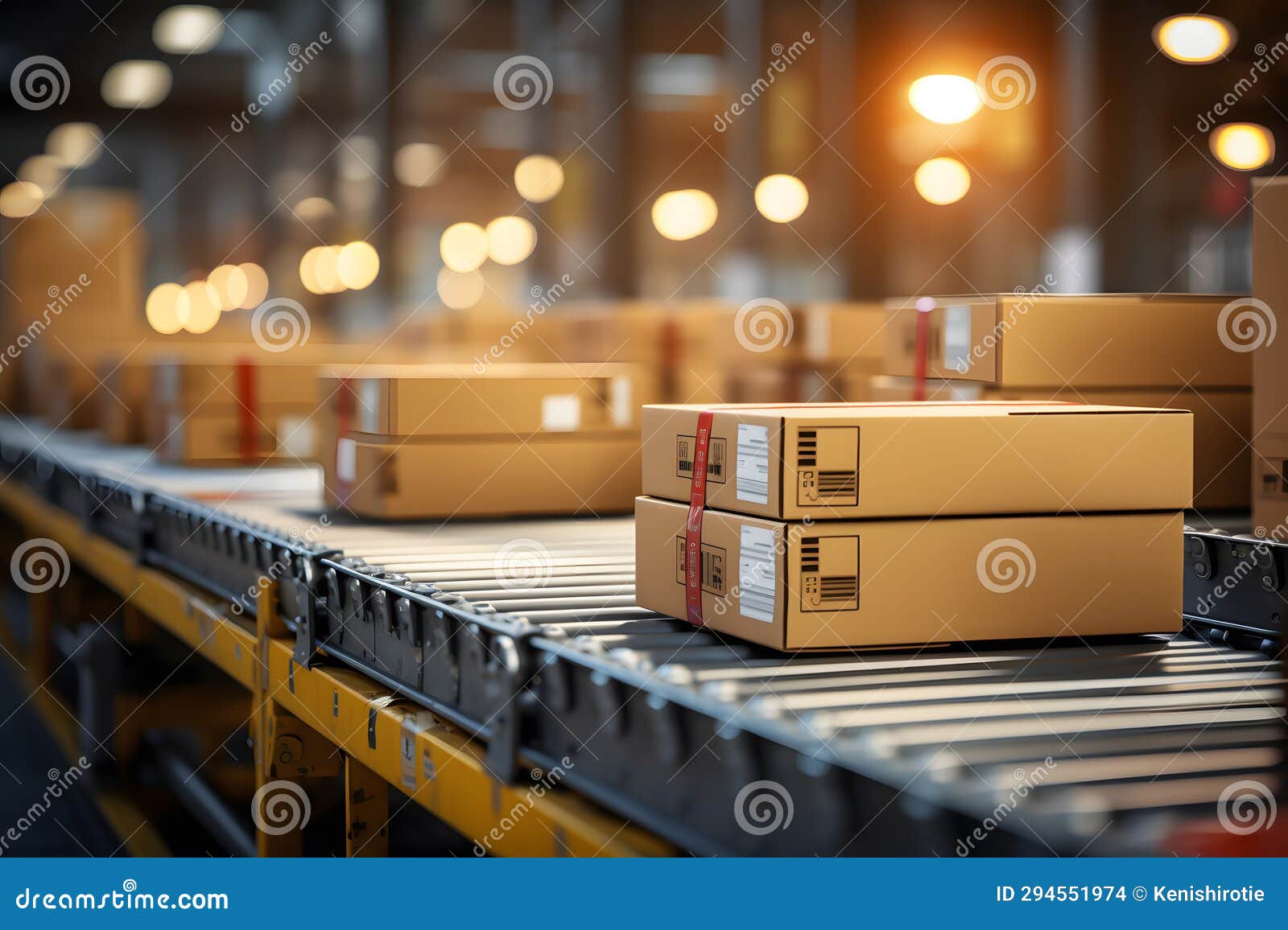Conveyor Line with Cardboard Boxes on it in Distribution Warehouse ...