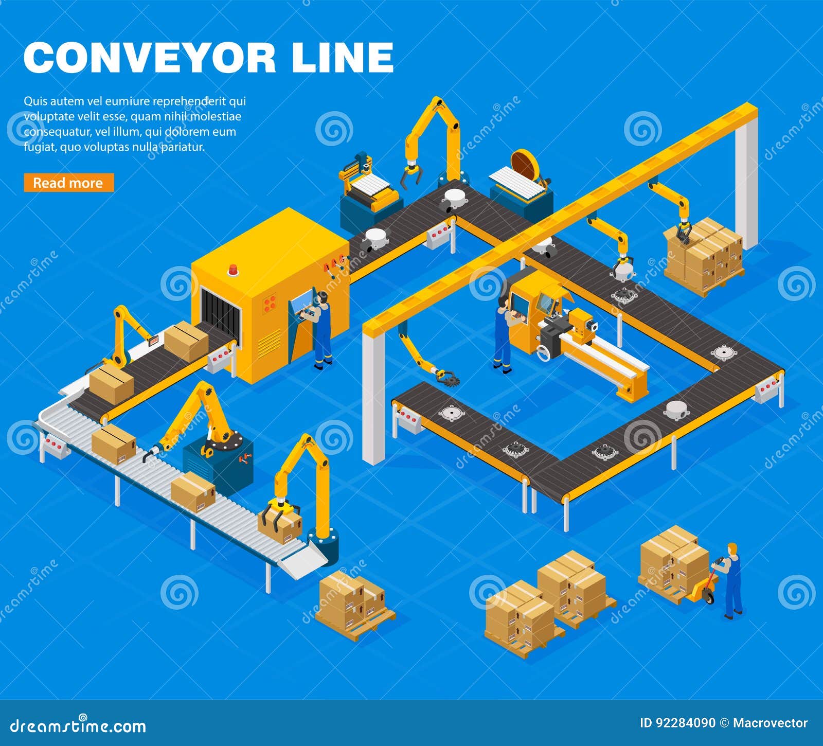 Conveyor Line And Robotic Manipulator Blueprints Vector Illustration ...