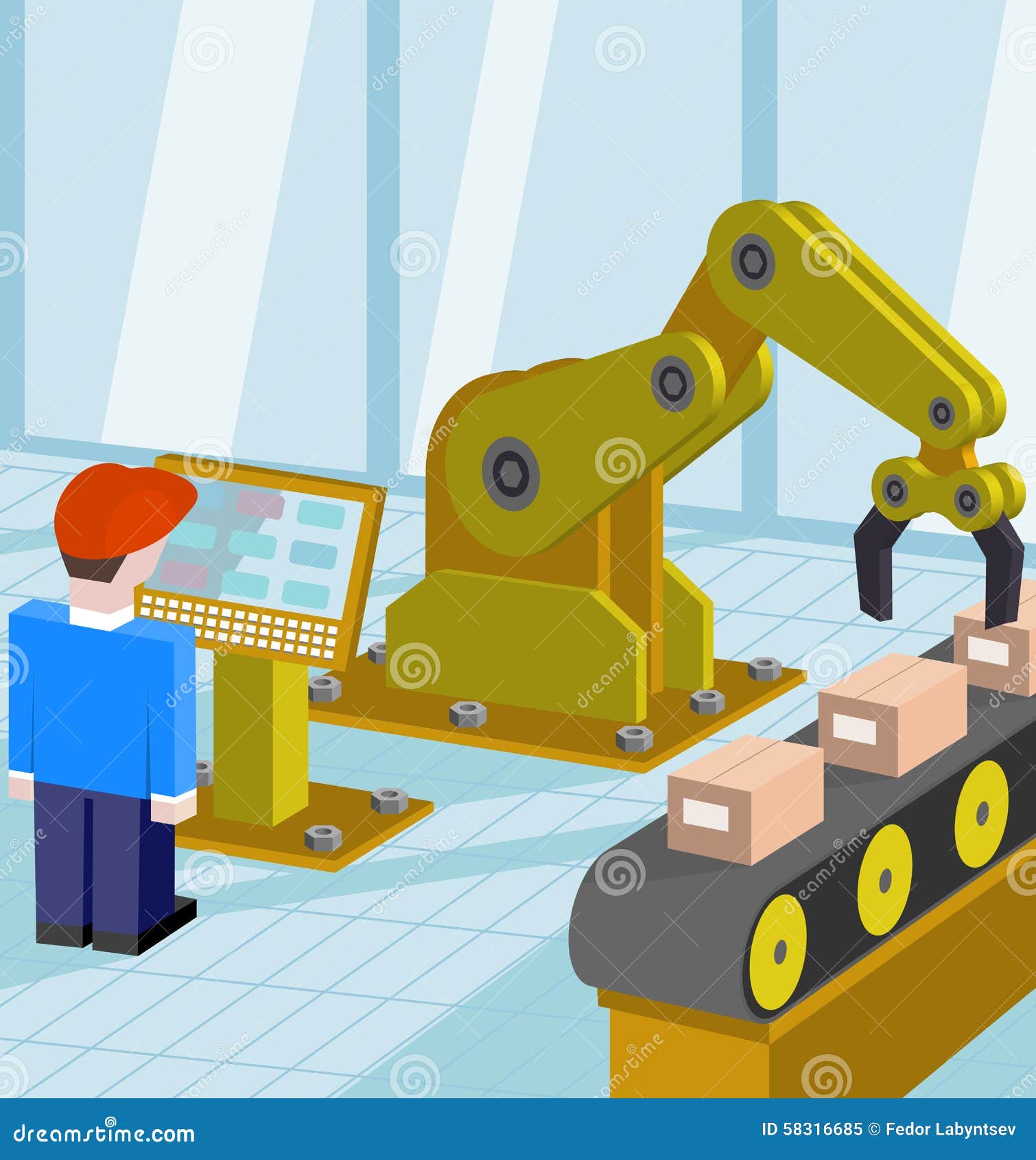Conveyor Line And Robotic Manipulator Drawings Cartoon Vector ...