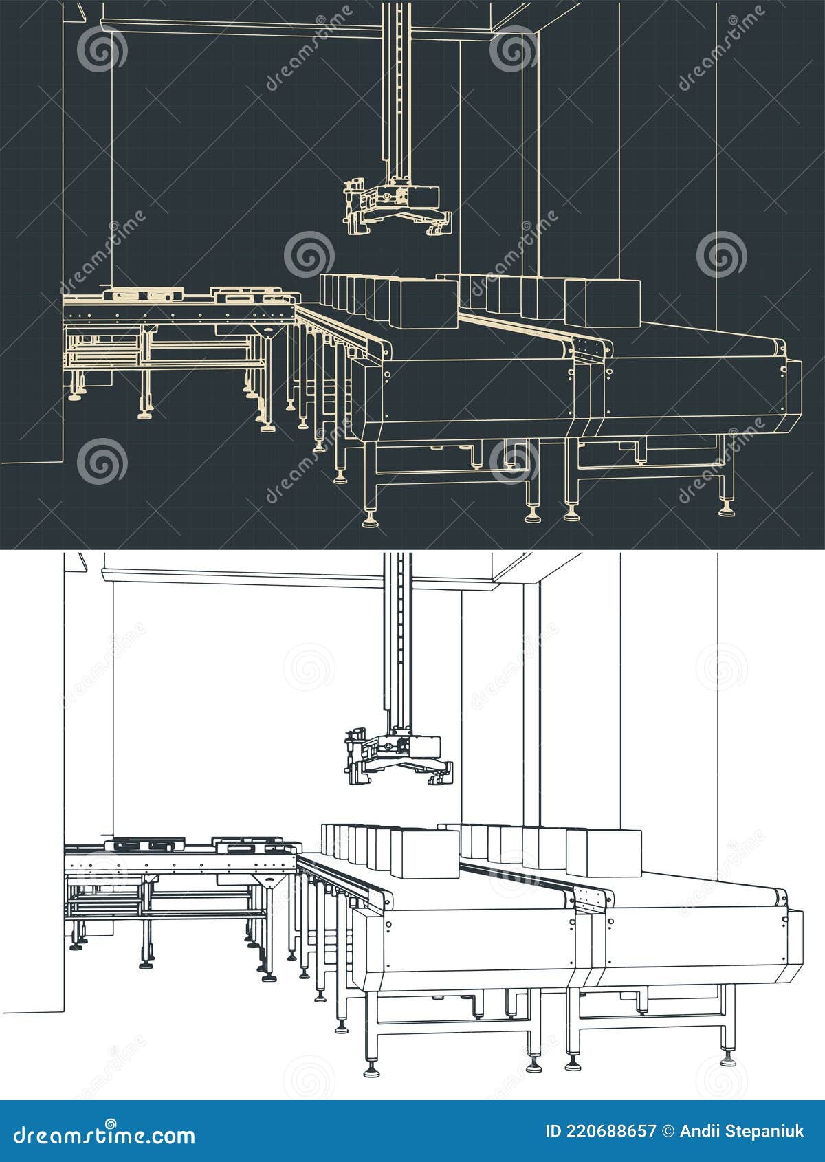 Conveyor Line And Robotic Manipulator Drawings Cartoon Vector ...