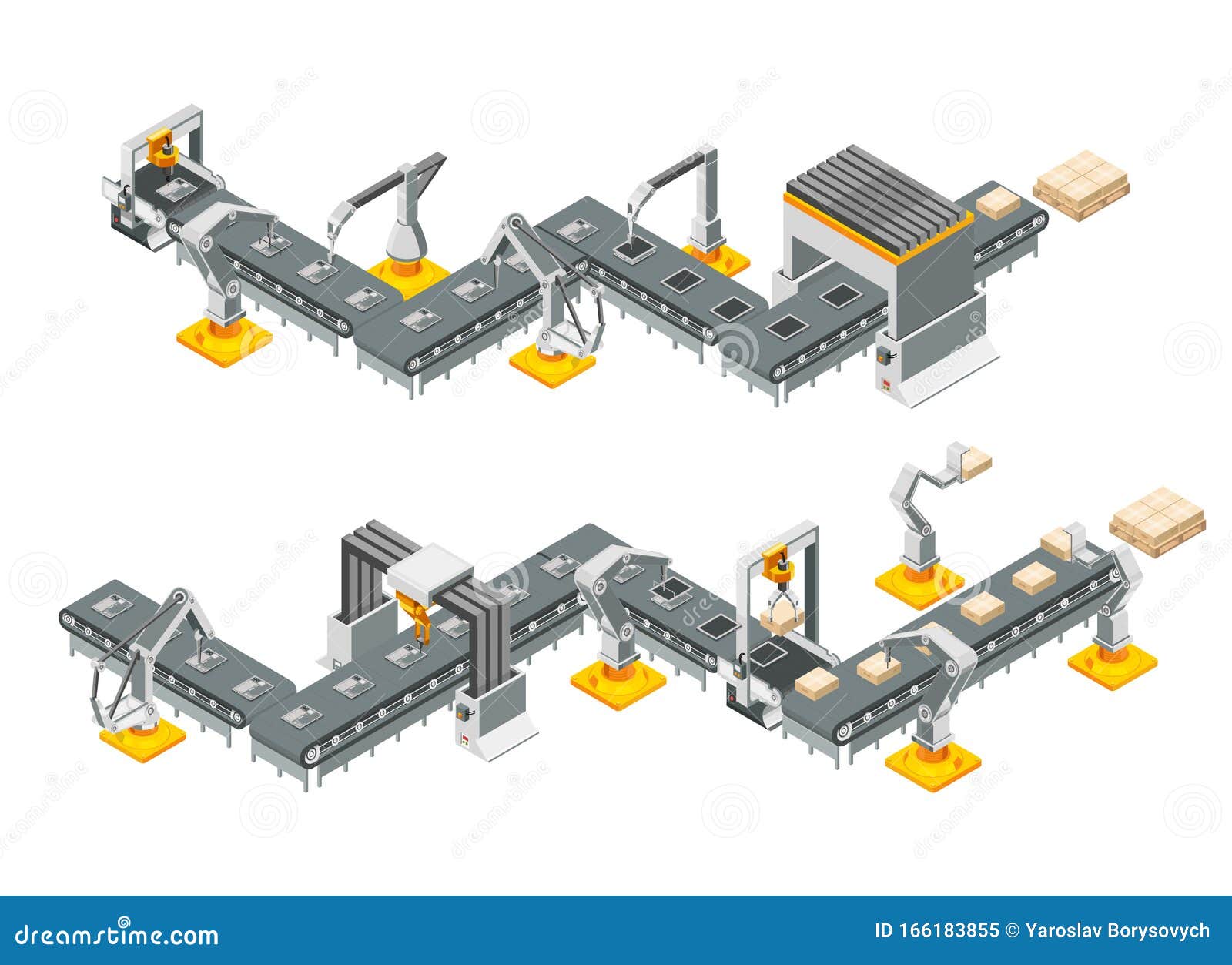 Automatic Factory With Conveyor Line And Robotic Arms. Assembly Process ... Automatic Factory With Conveyor Line And Robotic Arms. Assembly Process ...