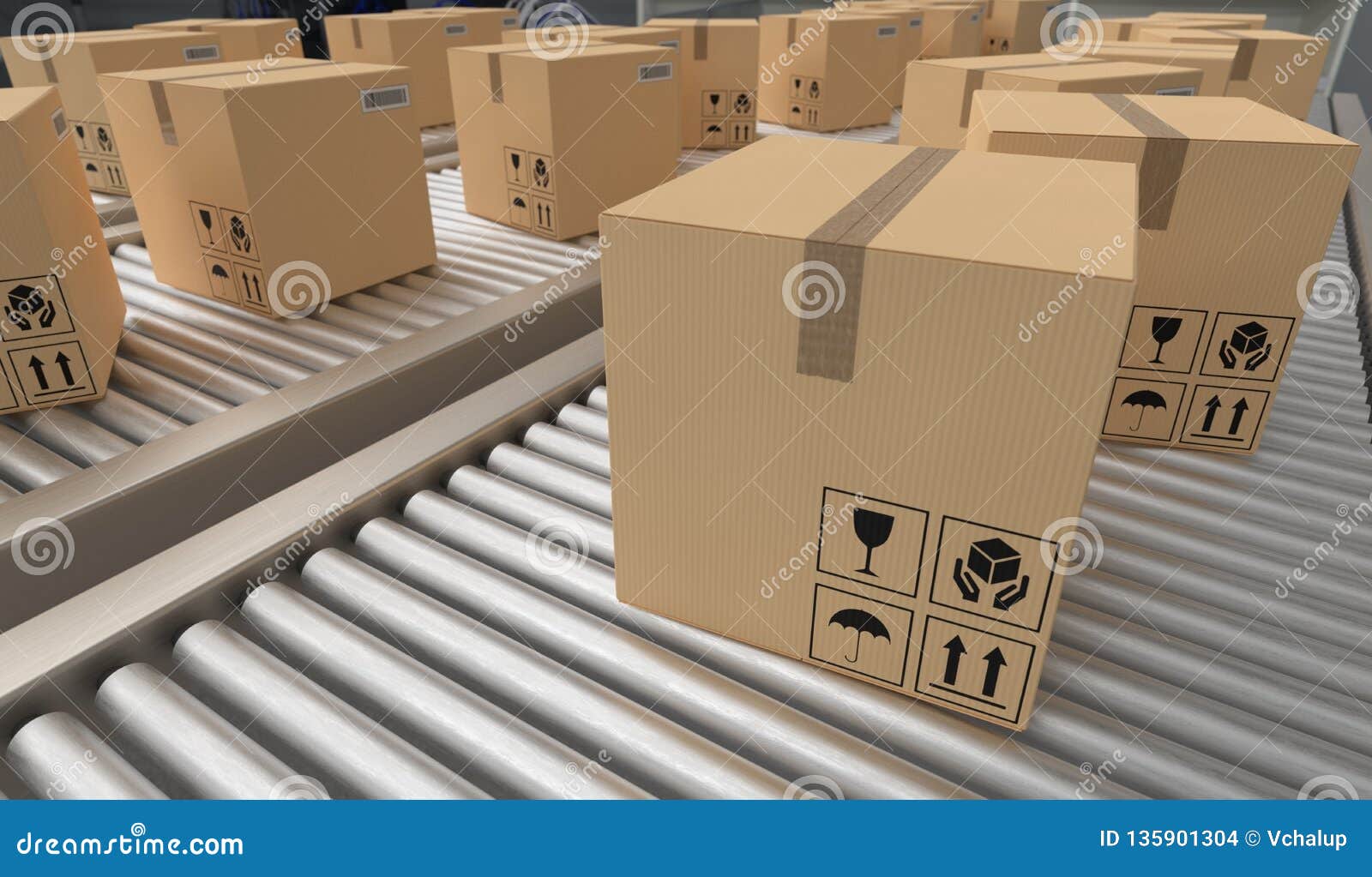 Conveyor with Many Cardboard Boxes. Package Delivery Concept. 3D ...