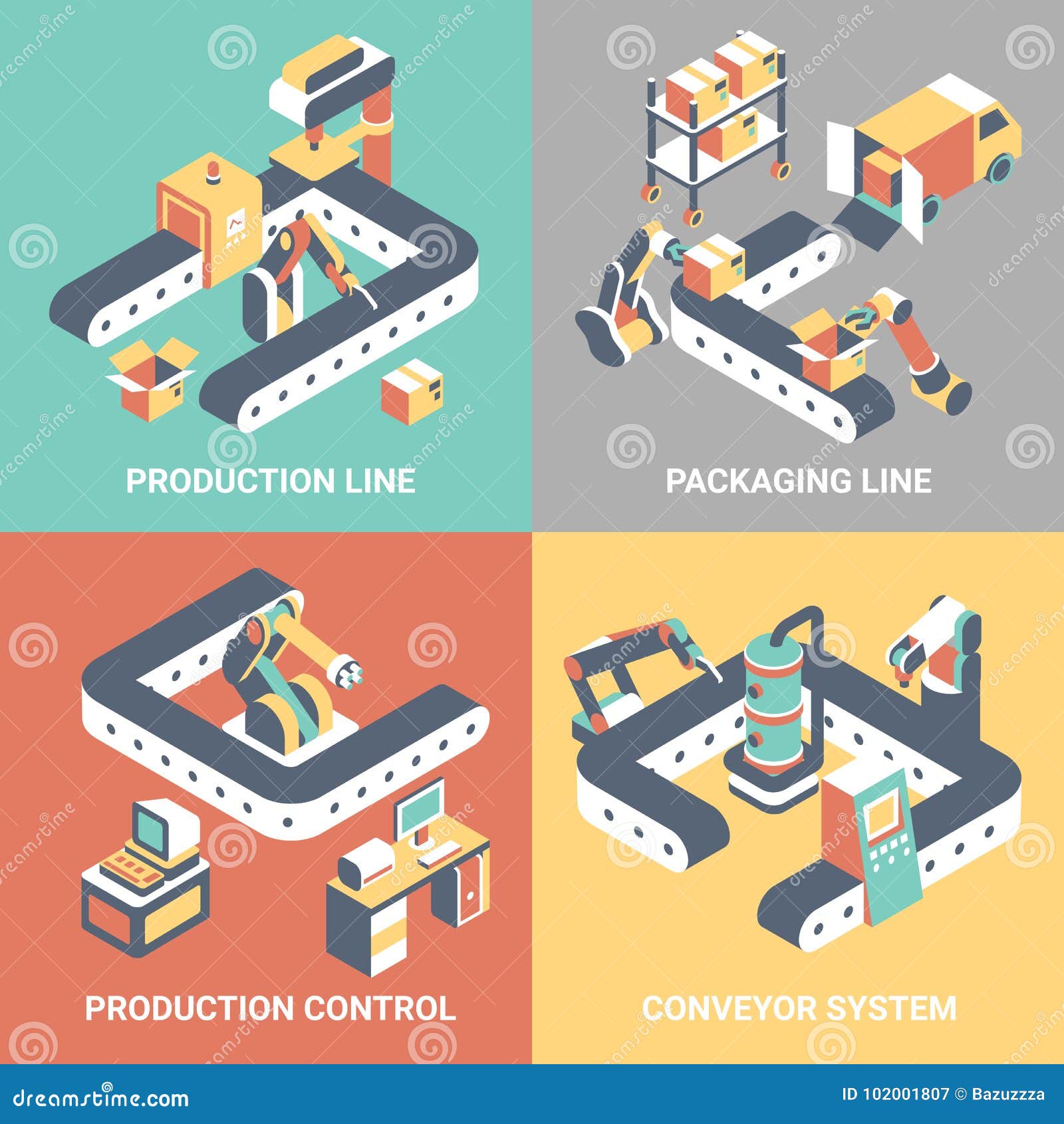 Conveyor Vector Flat Isometric Poster Set Stock Vector - Illustration ...