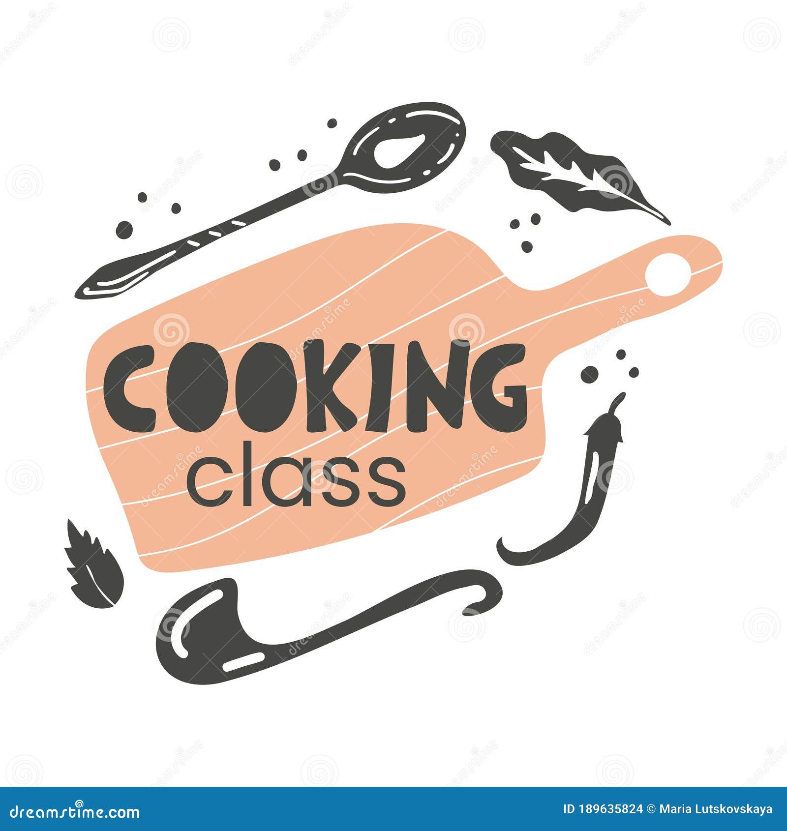 Coocking Class. Lettering with Kitchen Board and Spoon Hand Drawn Style ...