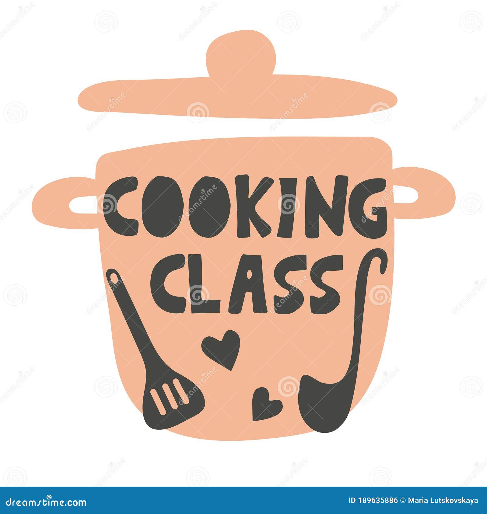Coocking Class. Lettering with Kitchen Pan and Spoon Hand Drawn Style ...