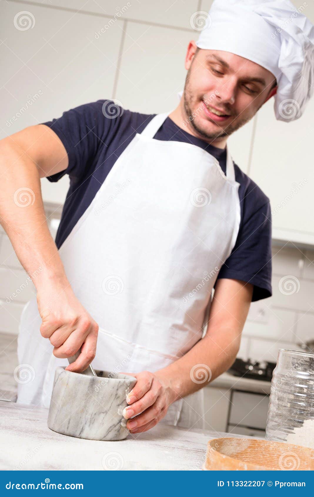 Cook chef with a mortar stock image. Image of bowl, mortar - 113322207
