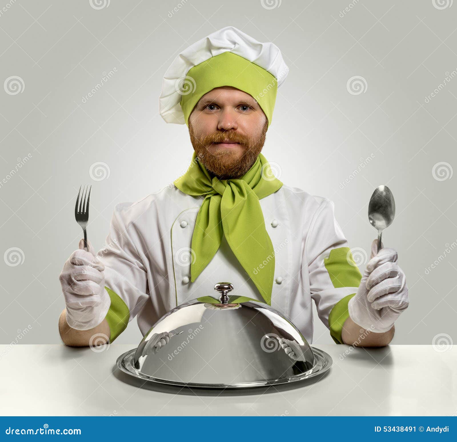 Cook Chef With Fork, Spoon And Food Tray On Isolated Background Stock ...