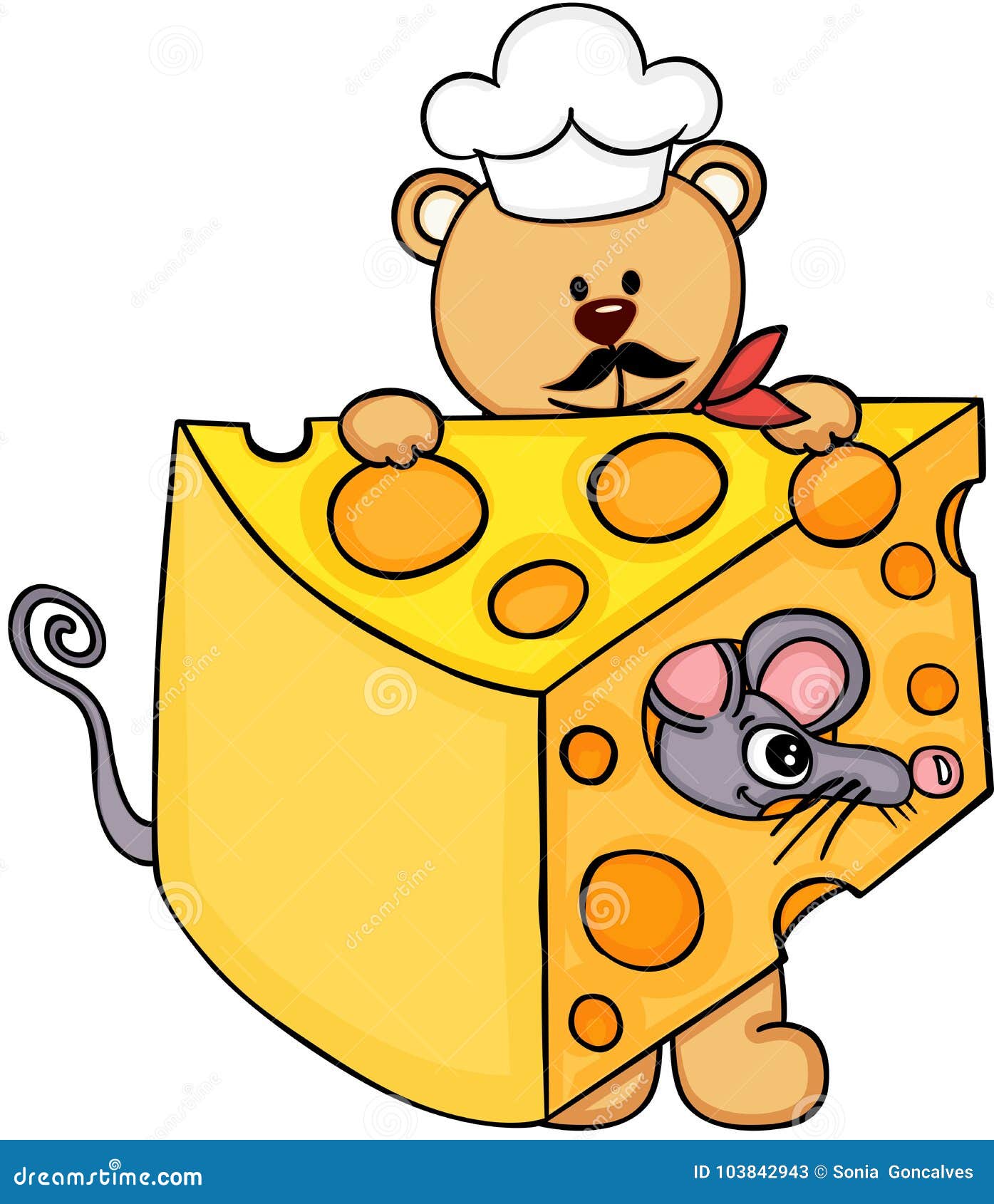Cook Chef Teddy Bear Holding Slice of Cheese with Mouse Stock Vector ...