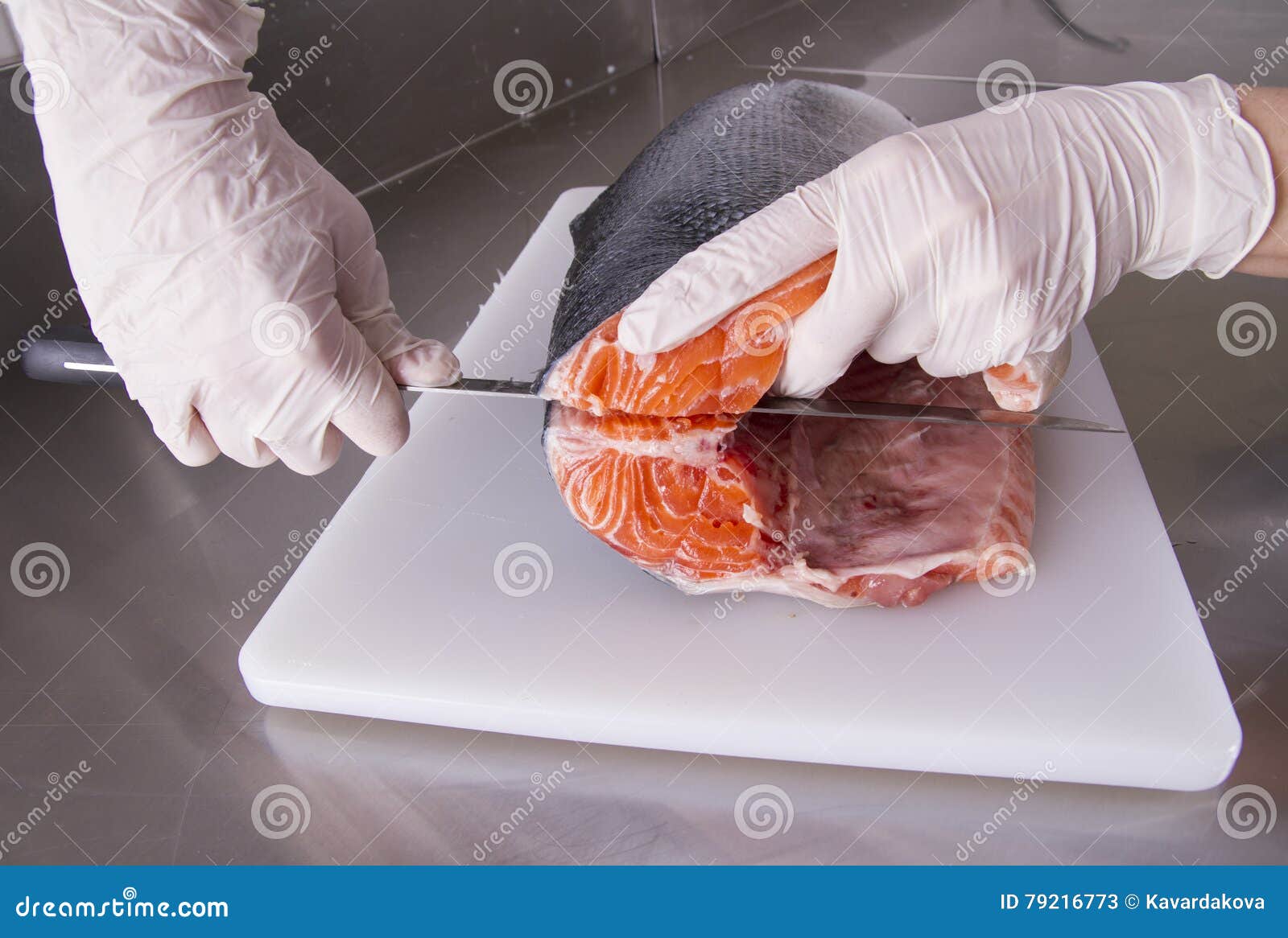 Cook Cut Up Raw Fish in Kitchen Stock Image - Image of salmon, food ...