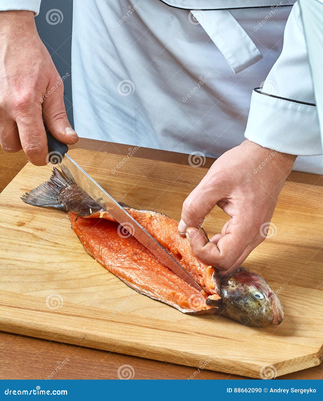 Cook Cuts Fish Full Collection of Food Recipes Stock Photo - Image of ...