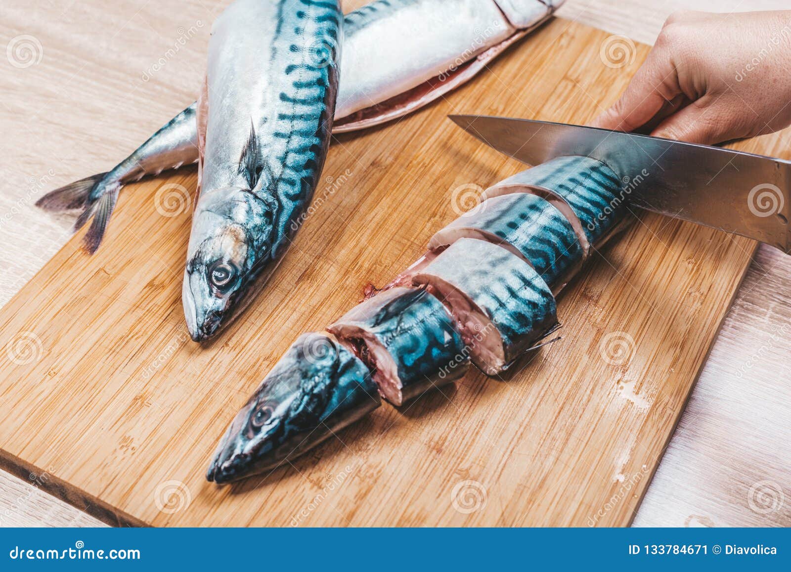 Cook Cuts Raw Mackerel Fish Stock Image - Image of fishing, cutting ...