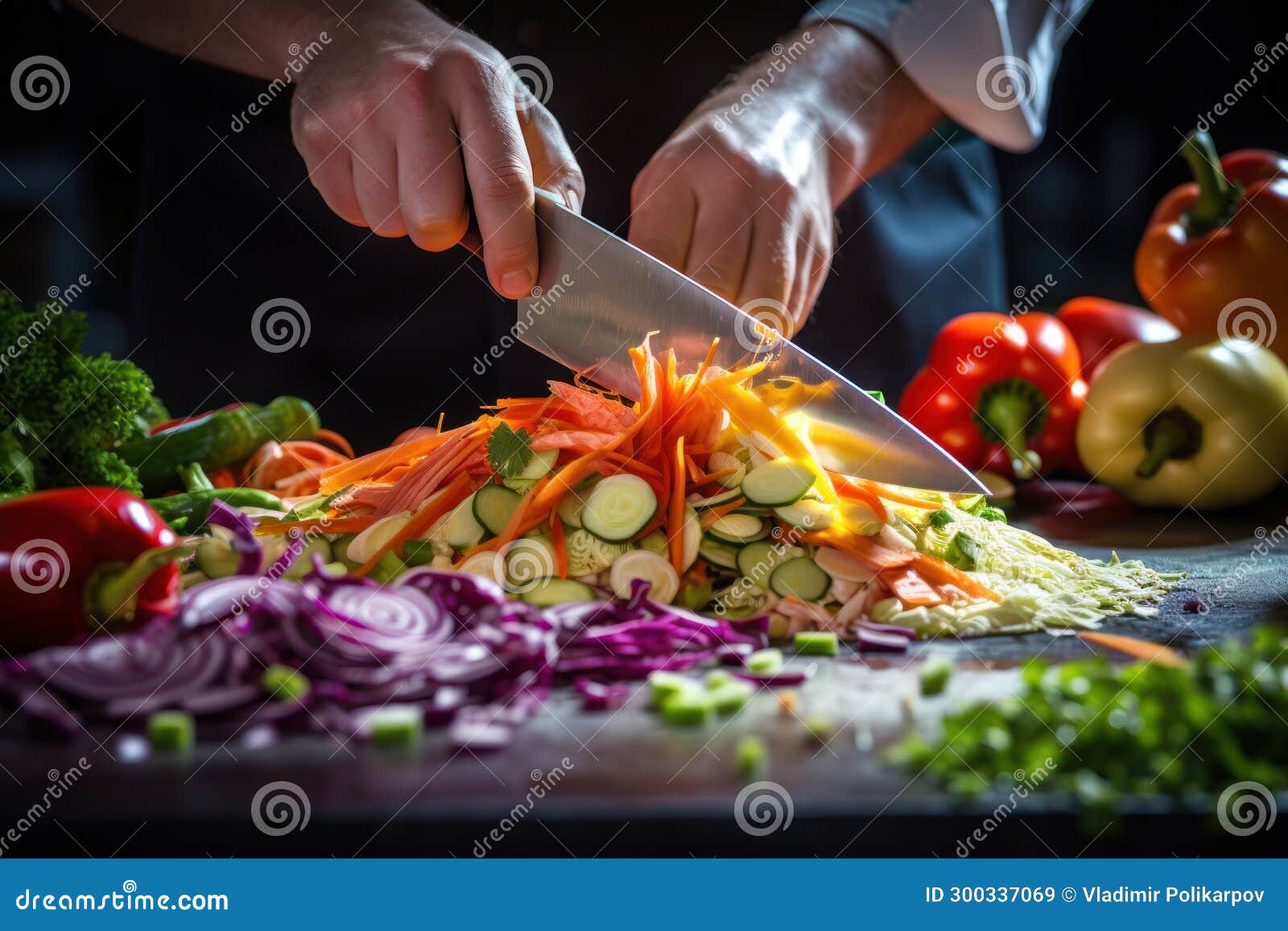 The Cook Cuts Vegetables with a Knife Stock Illustration - Illustration ...