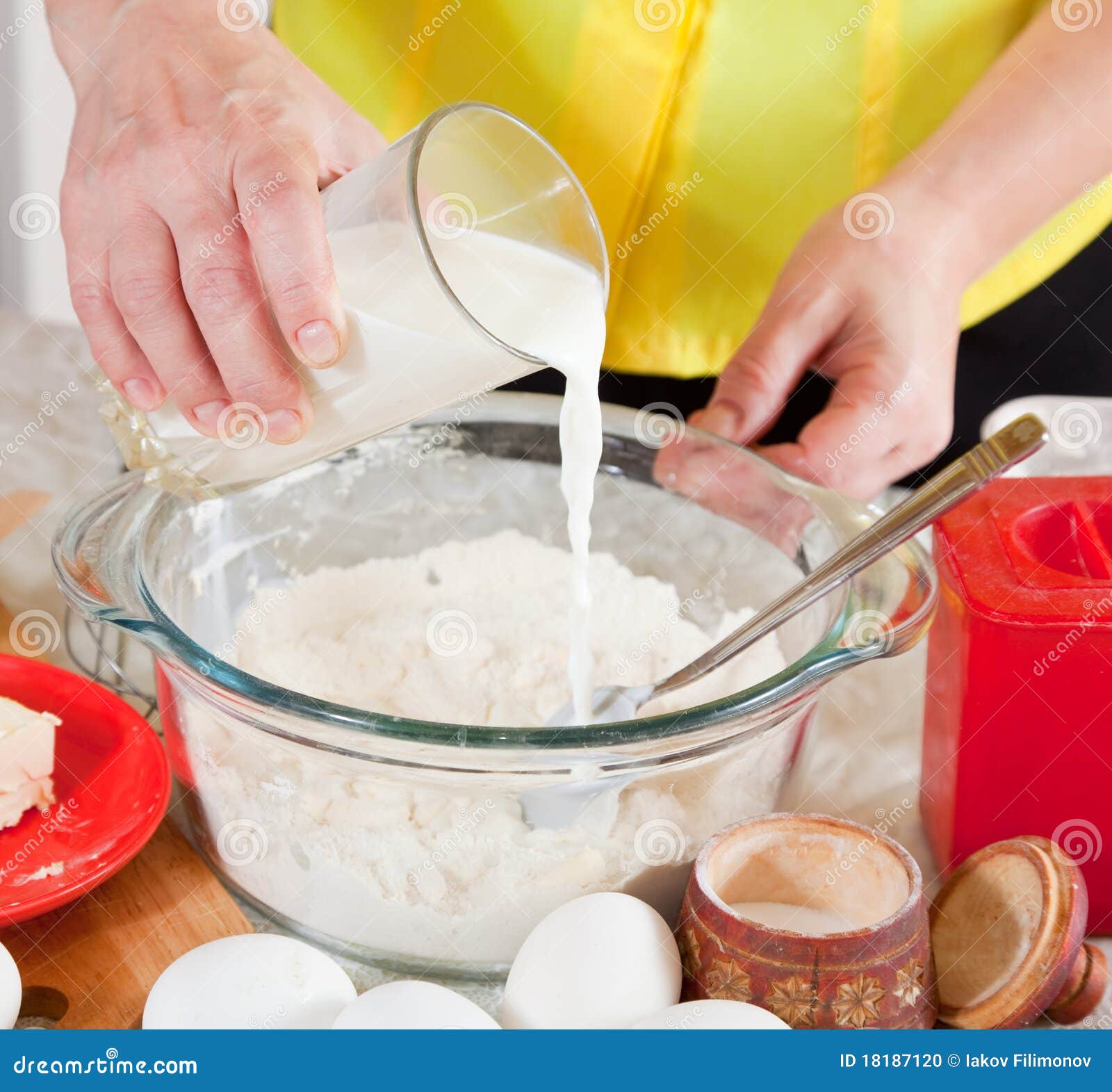 Cook Hands Pouring Milk into Flour Stock Photo - Image of baking ...