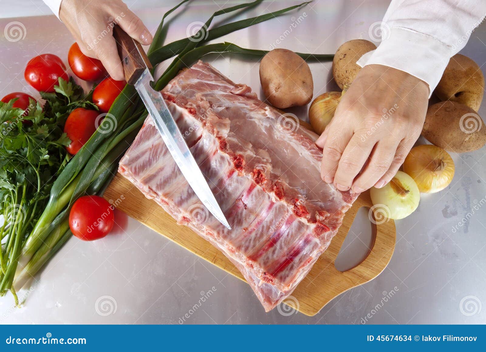 Cook hands with raw meat stock photo. Image of cuisine - 45674634