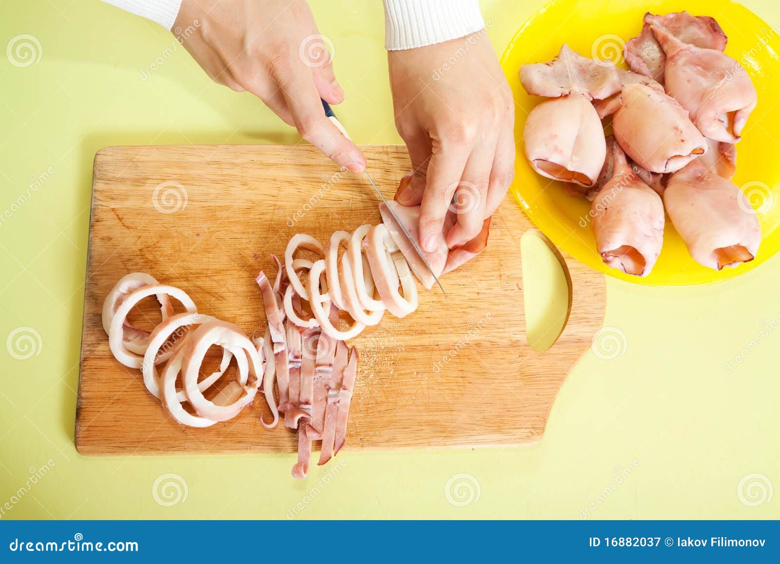 Cook Hands is Slicing of Boiled Squid Stock Image - Image of calamary ...