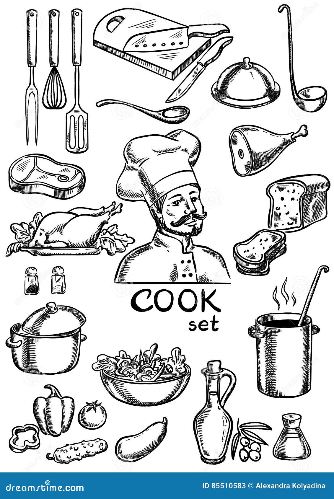 Cook, Kitchen, Ingredients, and Equipment Set Stock Vector ...