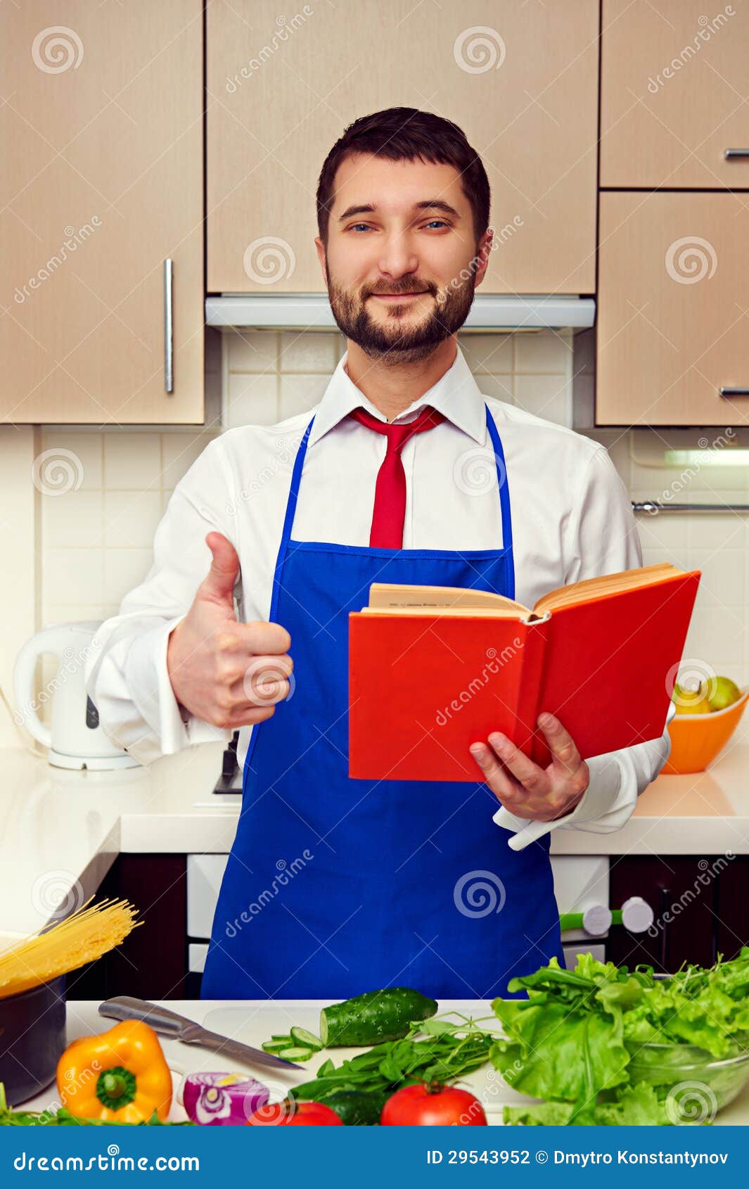Cook at the Kitchen Showing Thumbs Up Stock Photo - Image of bearded ...