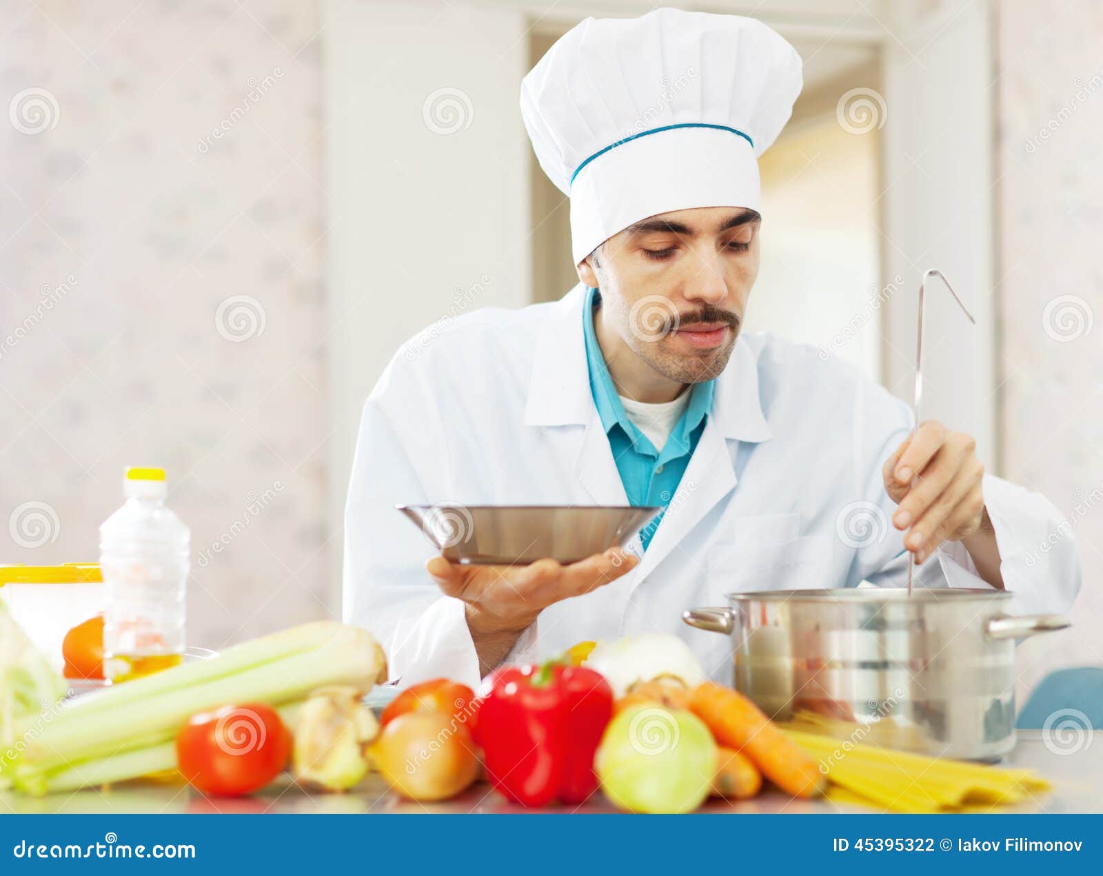 Cook Man Tasting Soup from Pan Stock Photo - Image of male, people ...