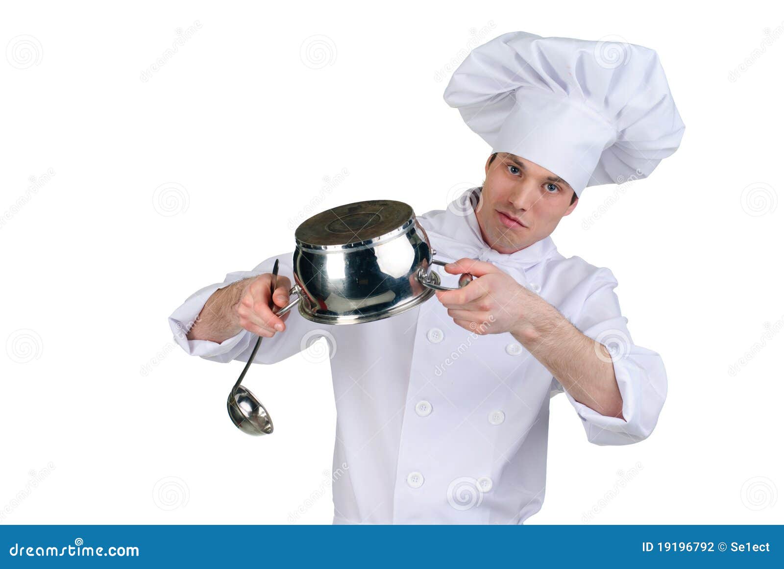 Cook with pan and ladle stock photo. Image of handsome - 19196792