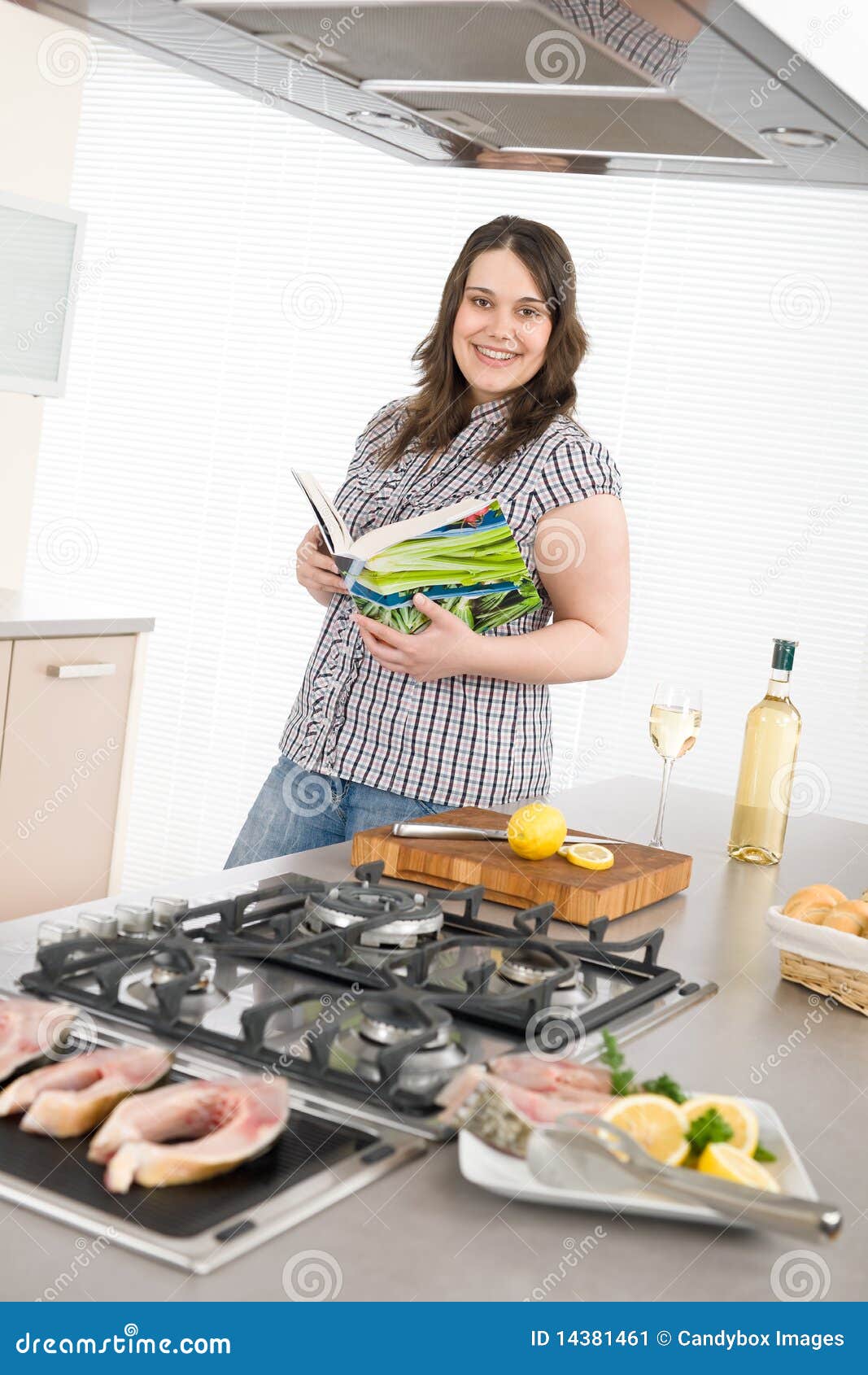 Cook - Plus Size Woman Grill Fish in Kitchen Stock Image - Image of ...