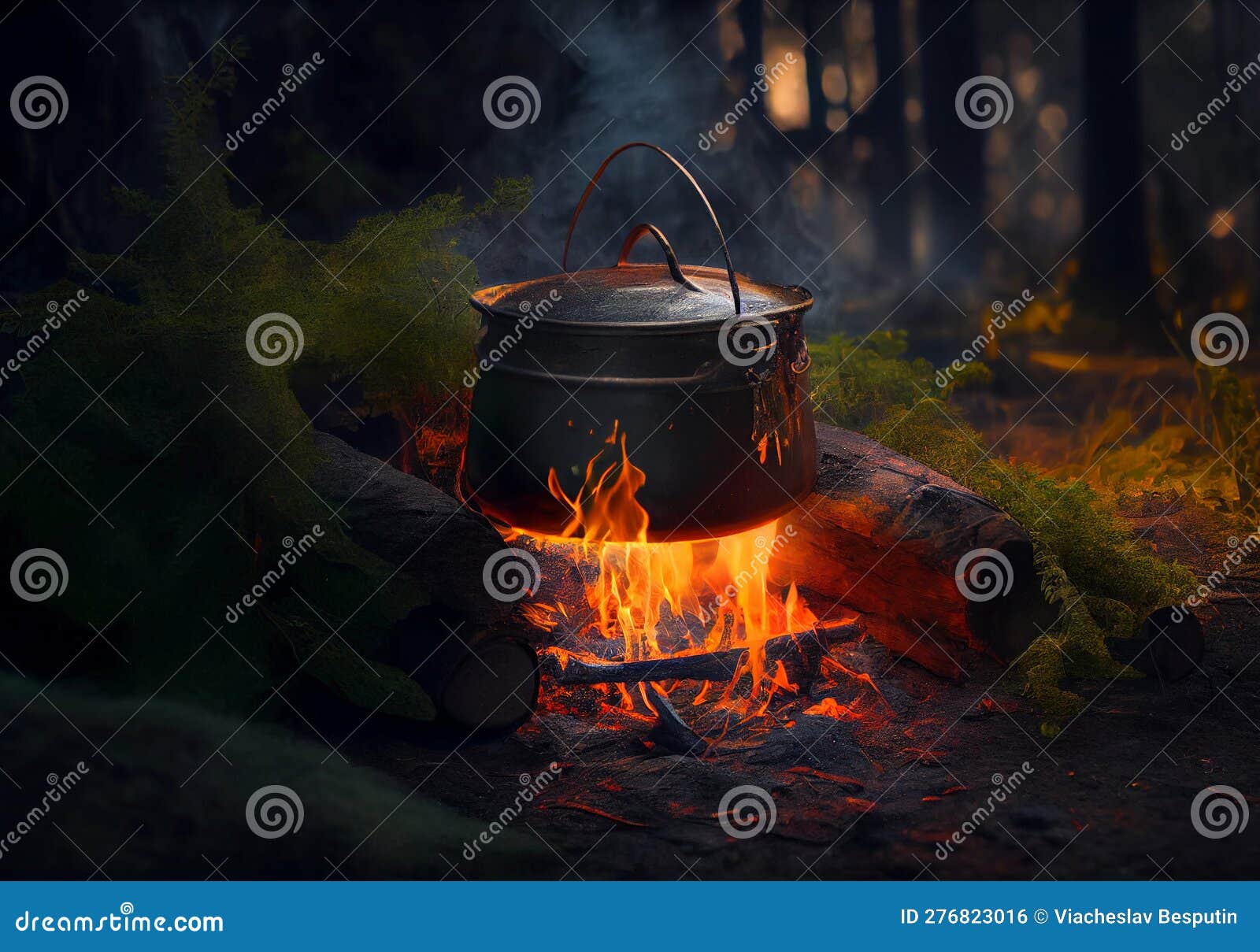 Cook in a Pot on a Fire in the Forest. Stock Photo - Image of camp ...