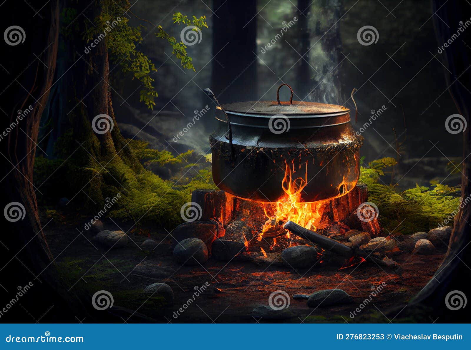 Cook in a Pot on a Fire in the Forest. Stock Illustration ...
