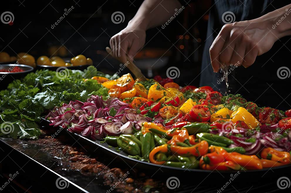 The Cook Prepares a Large Portion of Vegetables. Stock Illustration ...