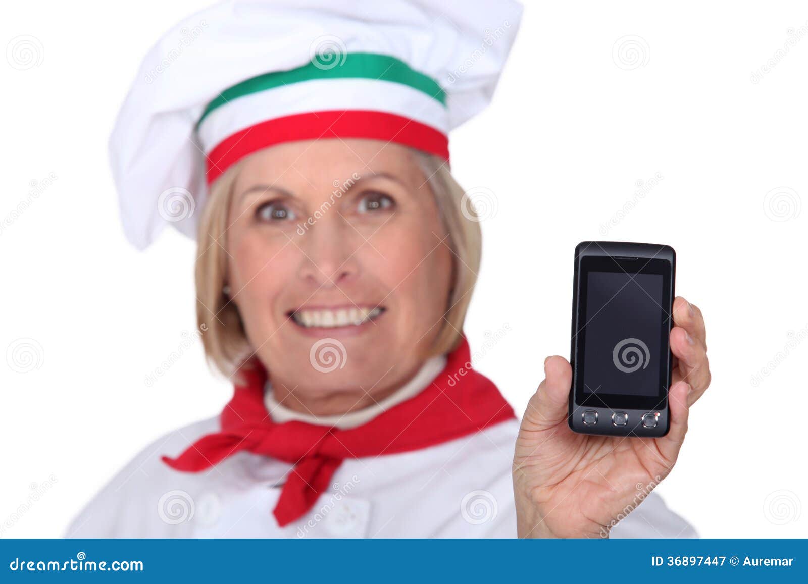 Cook showing phone stock image. Image of handkerchief - 36897447