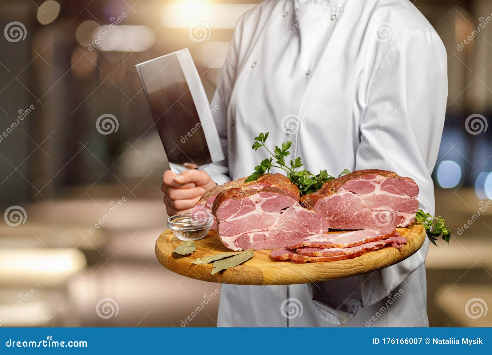 A Cook Shows Sliced Ham on a Board Stock Image - Image of dark ...
