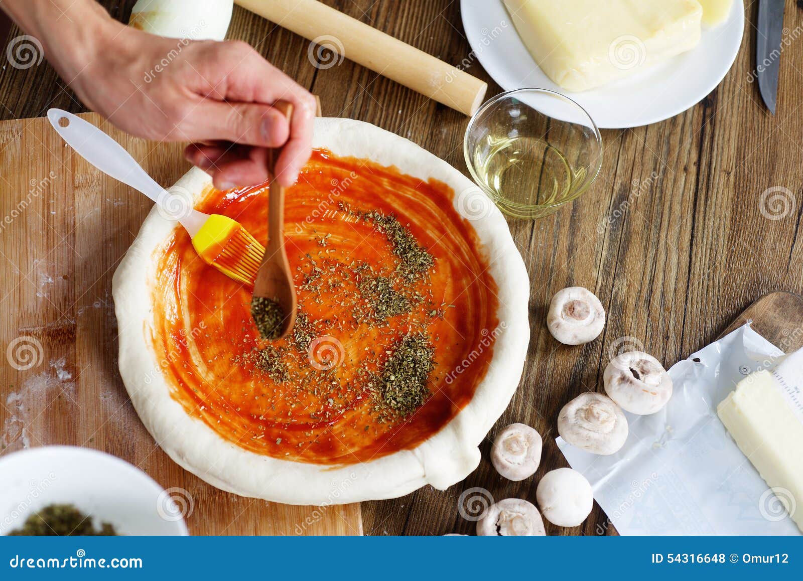 Cook Sprinkle with Basil Home Made Pizza Stock Photo - Image of cheese ...