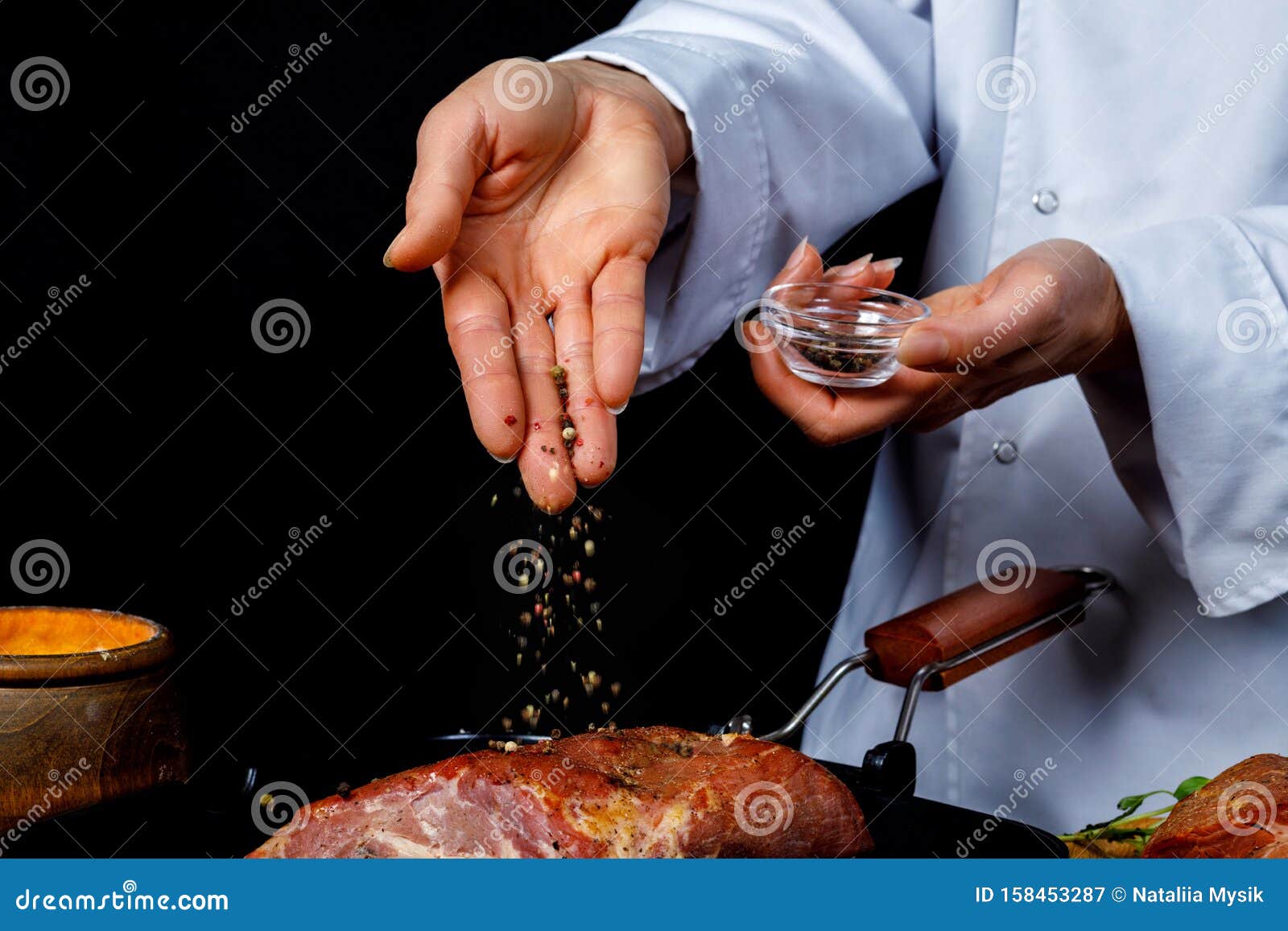 Cook Sprinkle the Meat with Seasoning Stock Image - Image of cooking ...