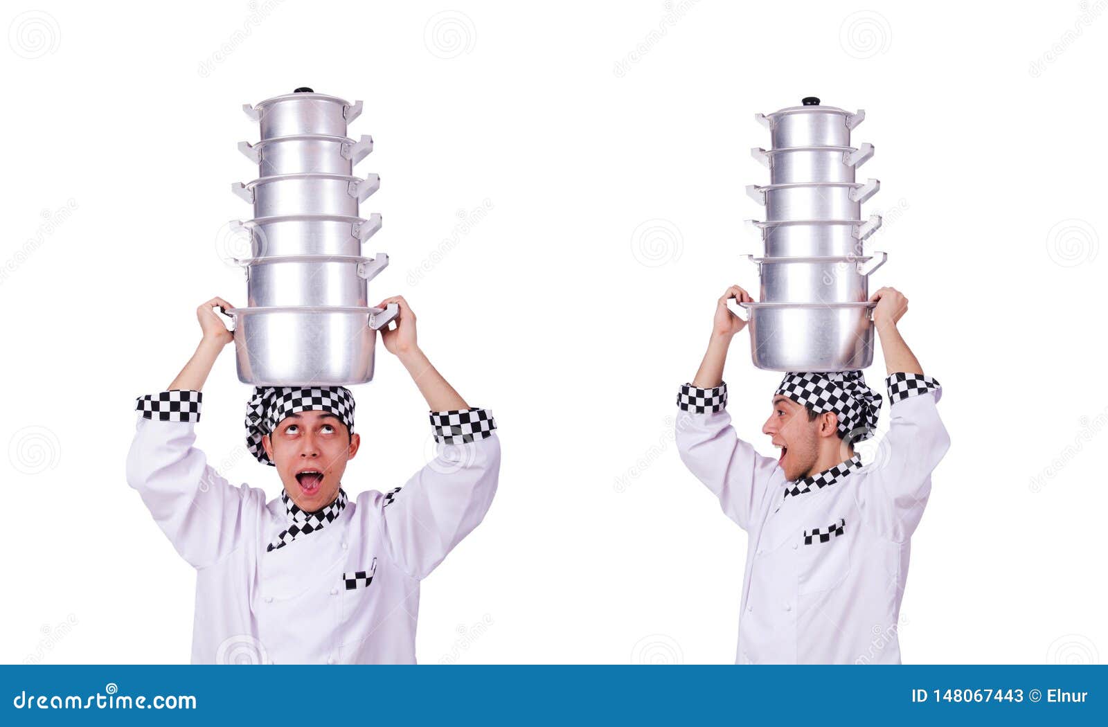 The Cook with Stack of Pots on White Stock Image - Image of cooking ...