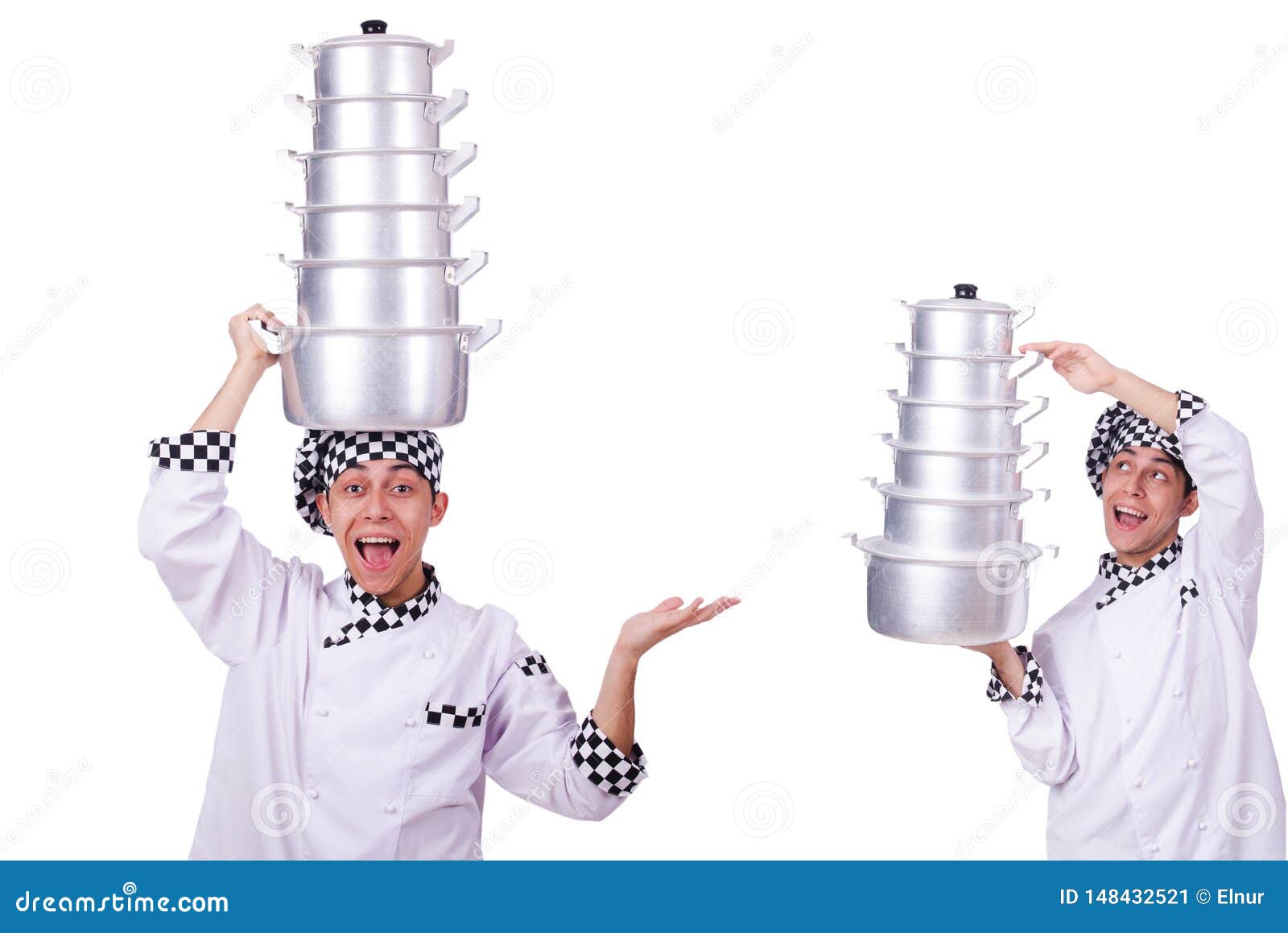 The Cook with Stack of Pots on White Stock Image - Image of collage ...