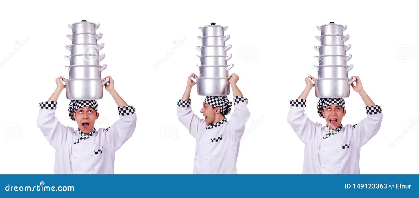 The Cook with Stack of Pots on White Stock Image - Image of isolated ...