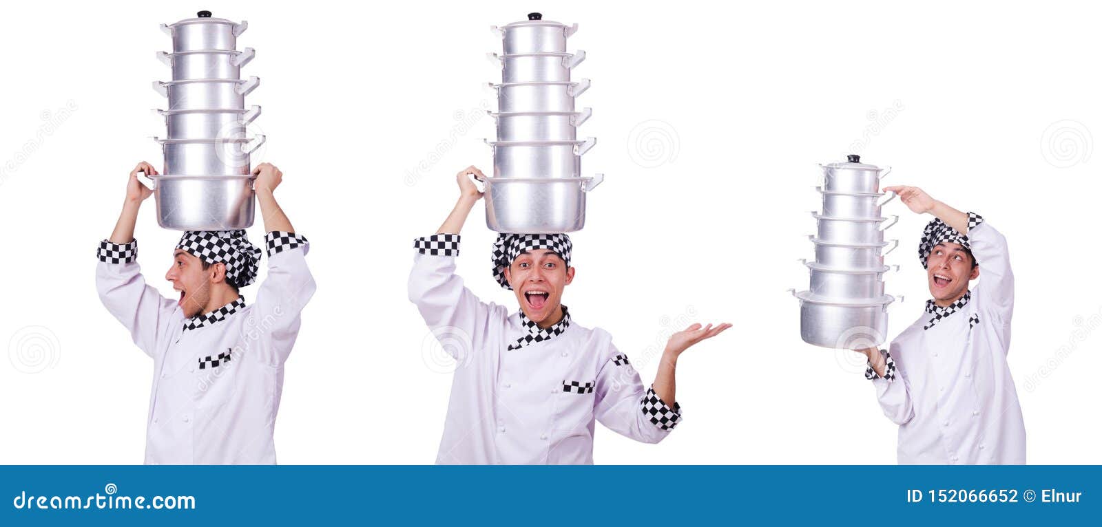 Cook with Stack of Pots on White Stock Photo - Image of funny, adult ...